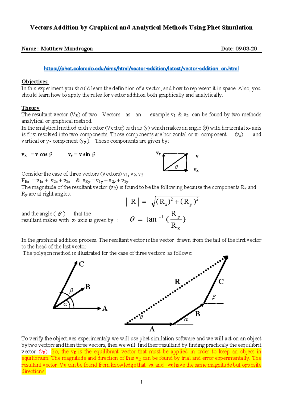 Vectors Addition by Graphical and Analytical Methods Using Phet ...