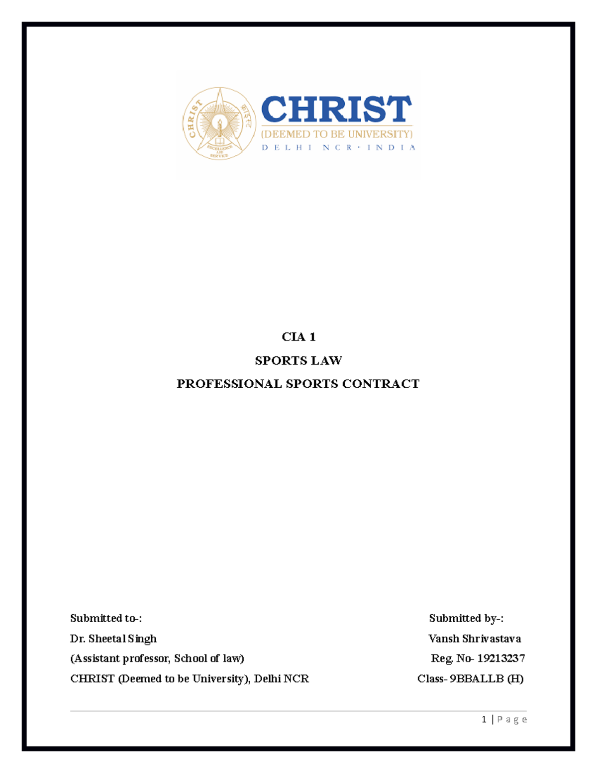 Sports Contract - CIA 1 SPORTS LAW PROFESSIONAL SPORTS CONTRACT ...