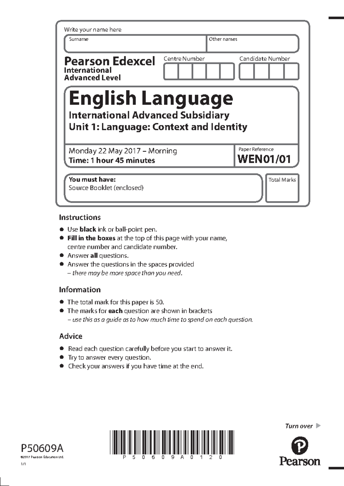 1234 - Centre Number Candidate Number Write your name here ...