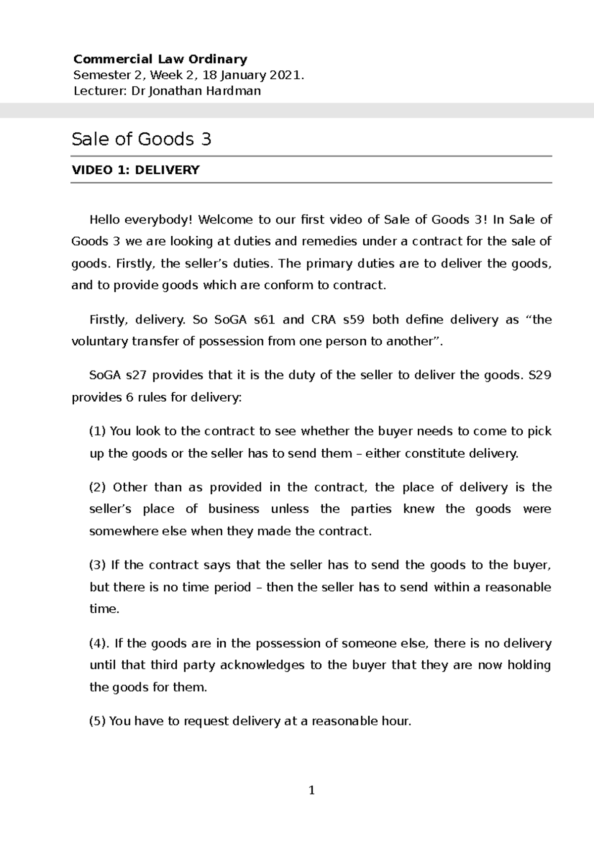 Sale of Goods Week 2 Videos Transcript - Sale of Goods 3 VIDEO 1 ...