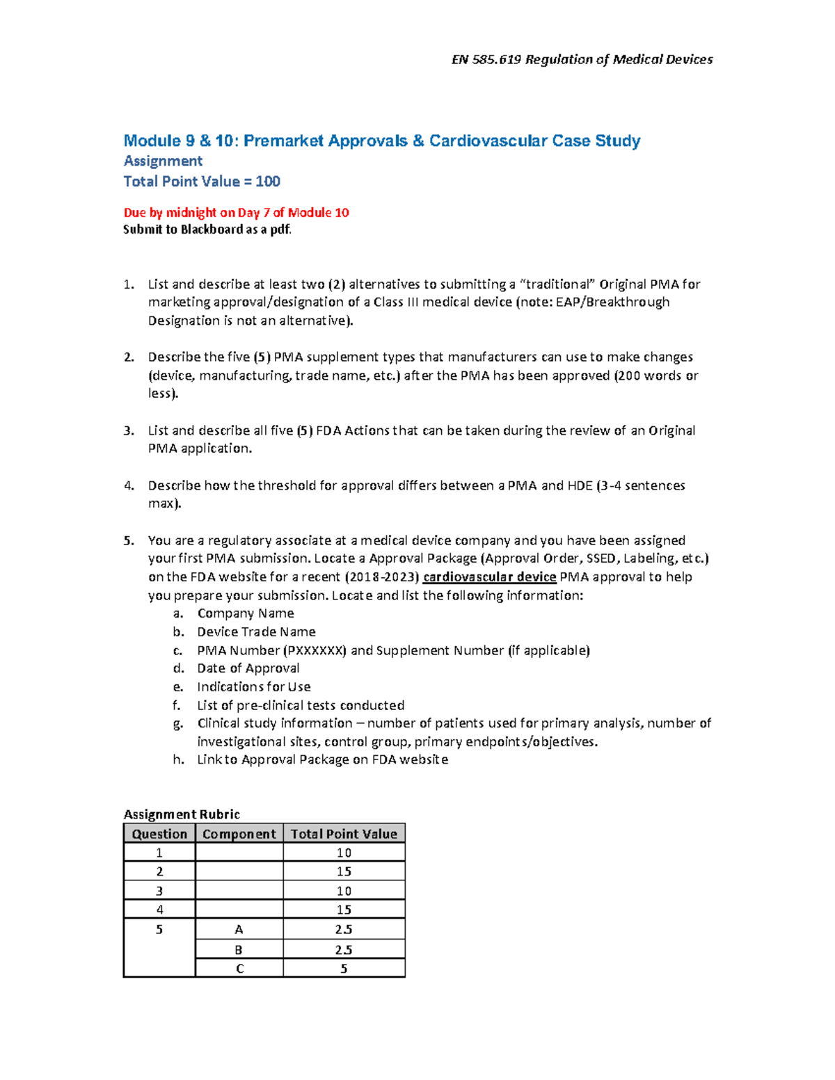 585.619 Module 9 and 10 Assignment - EN 585 Regulation of Medical ...