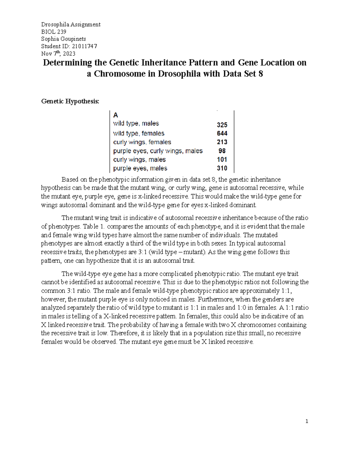 Drosophila Assignment - BIOL 239 Sophia Goupinets Student ID: 21011747 ...