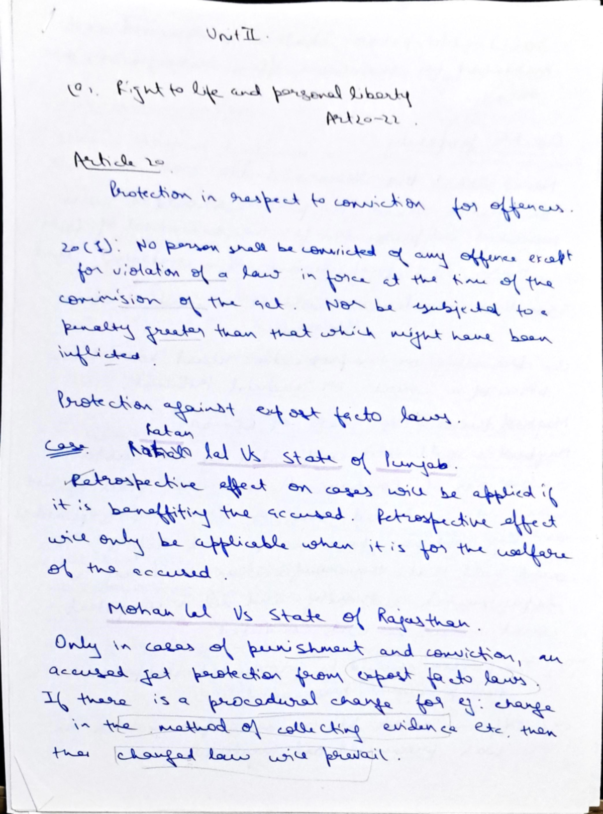 Article 20-25, detailed notes - Unit II . (o, Right to life and ...