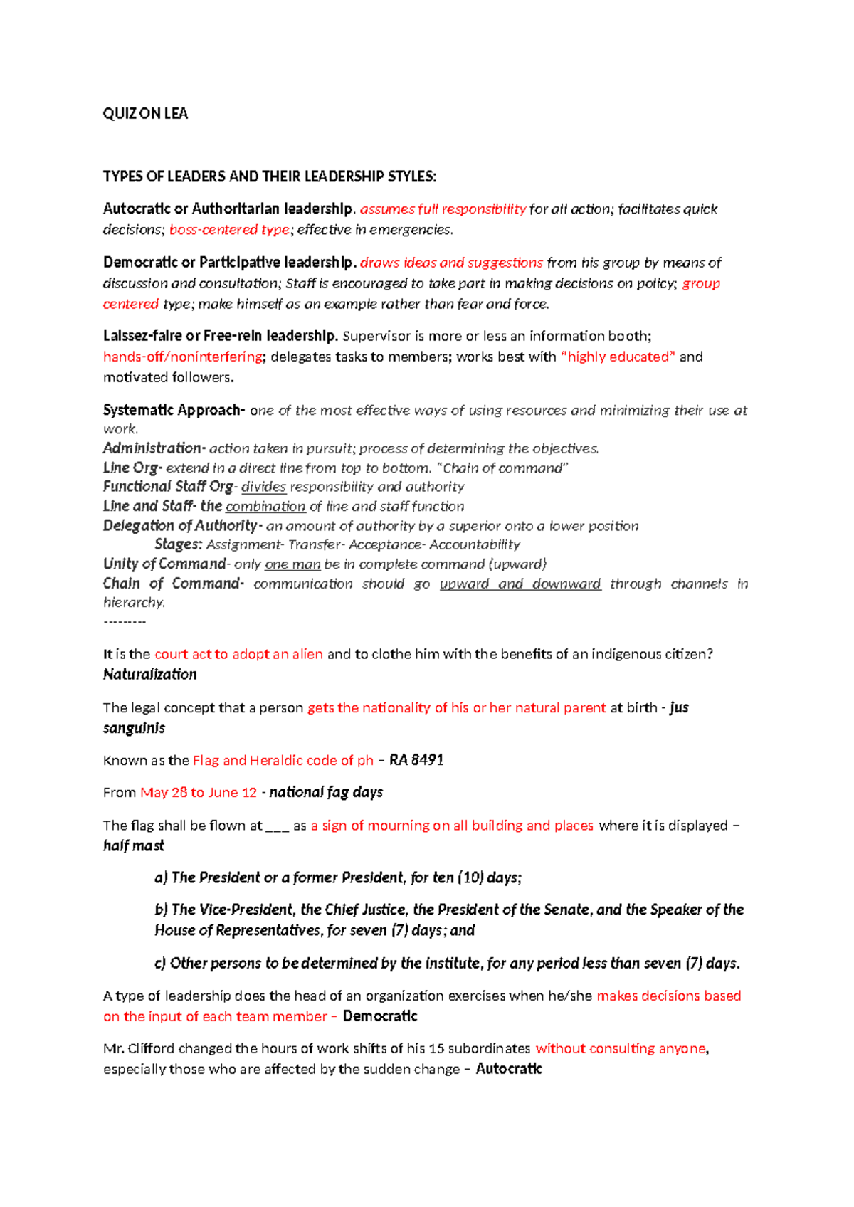 QUIZ ON LEA - A key to learn - QUIZ ON LEA TYPES OF LEADERS AND THEIR ...