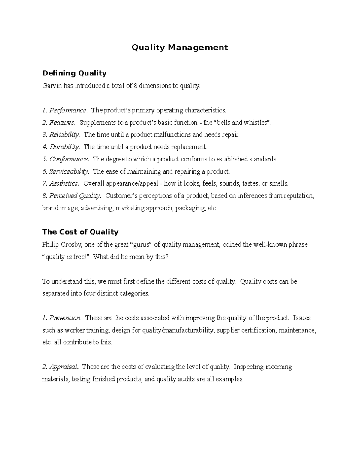 13 Quality Management lecture note - Quality Management Defining ...