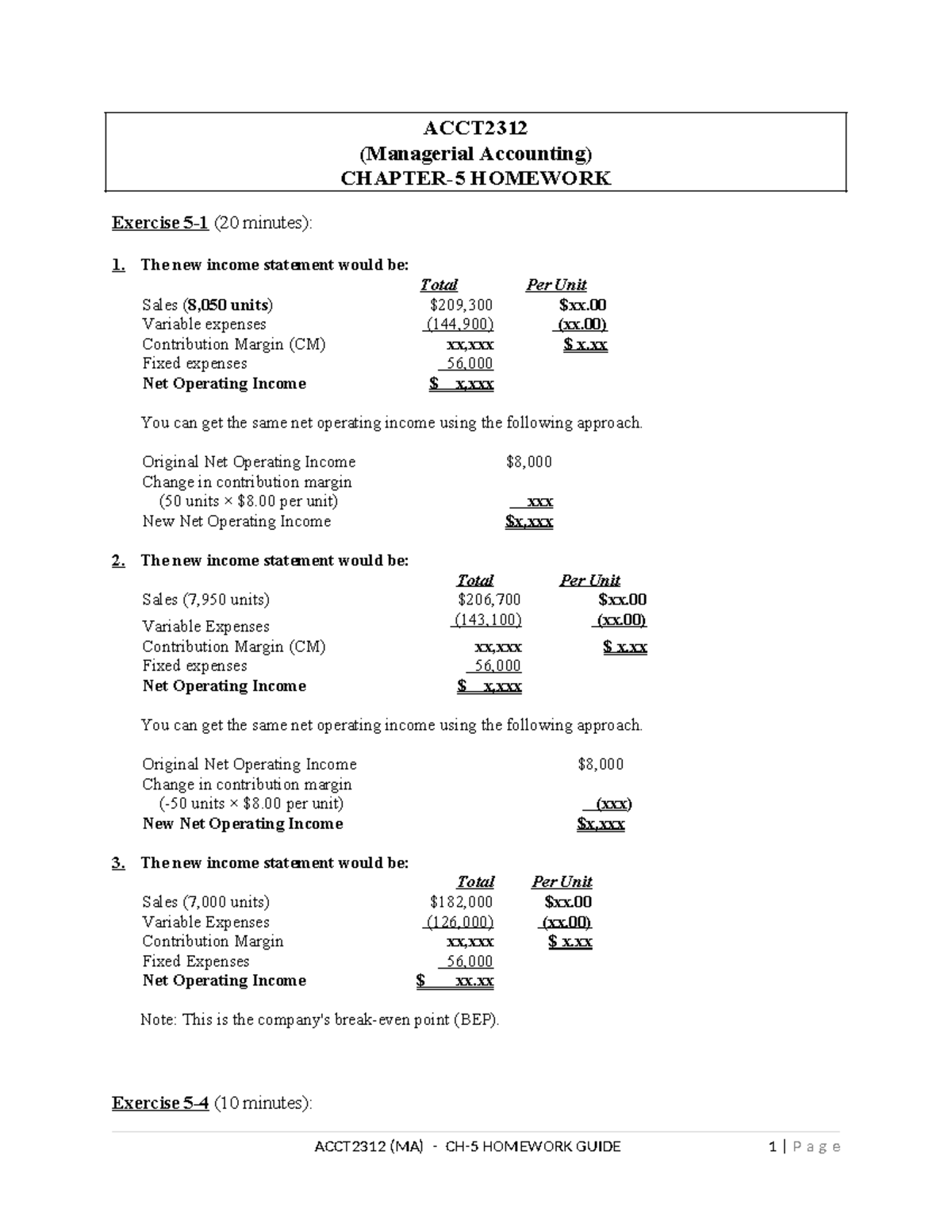 Nau ac2312 ch5 hmwk stu - afgfhli;l - ACCT (Managerial Accounting) CHAPTER-5 HOMEWORK Exercise 5 ...