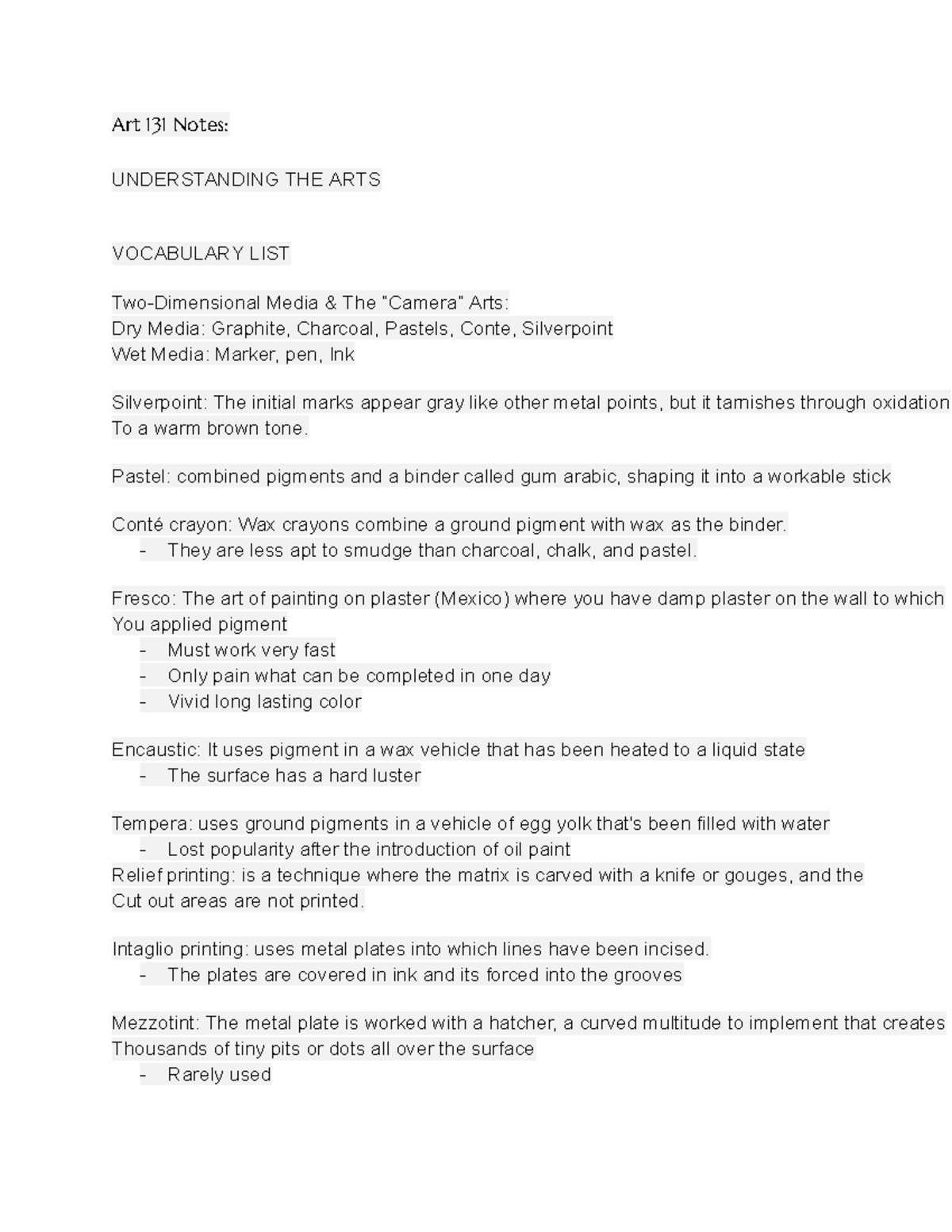 Art Week 6 Vocabulary - Art 131 Notes: UNDERSTANDING THE ARTS ...