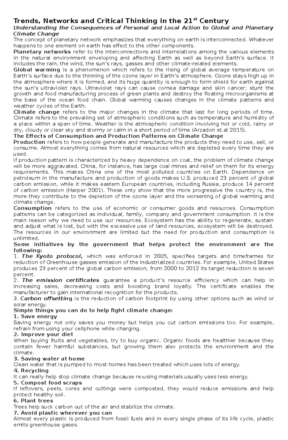 Trends Understanding the Consequences of Personal and Local Action to ...