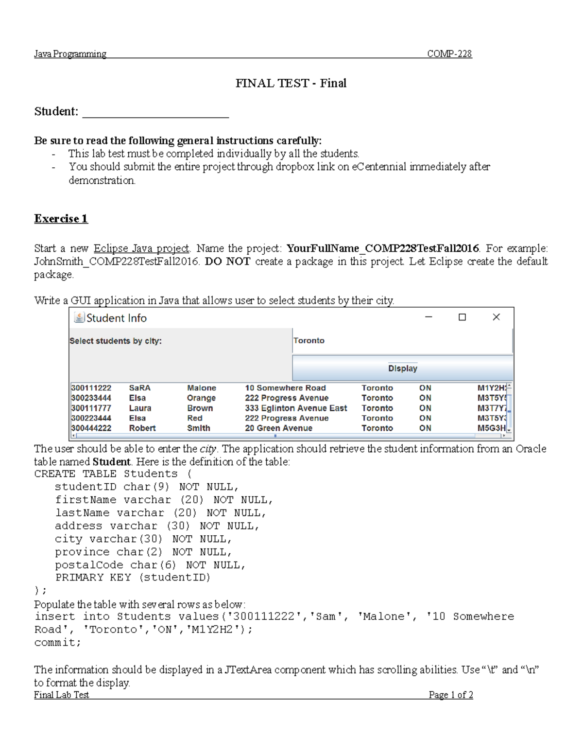 COMP228Final Test F 16 - Comp228 - Centennial College - Studocu
