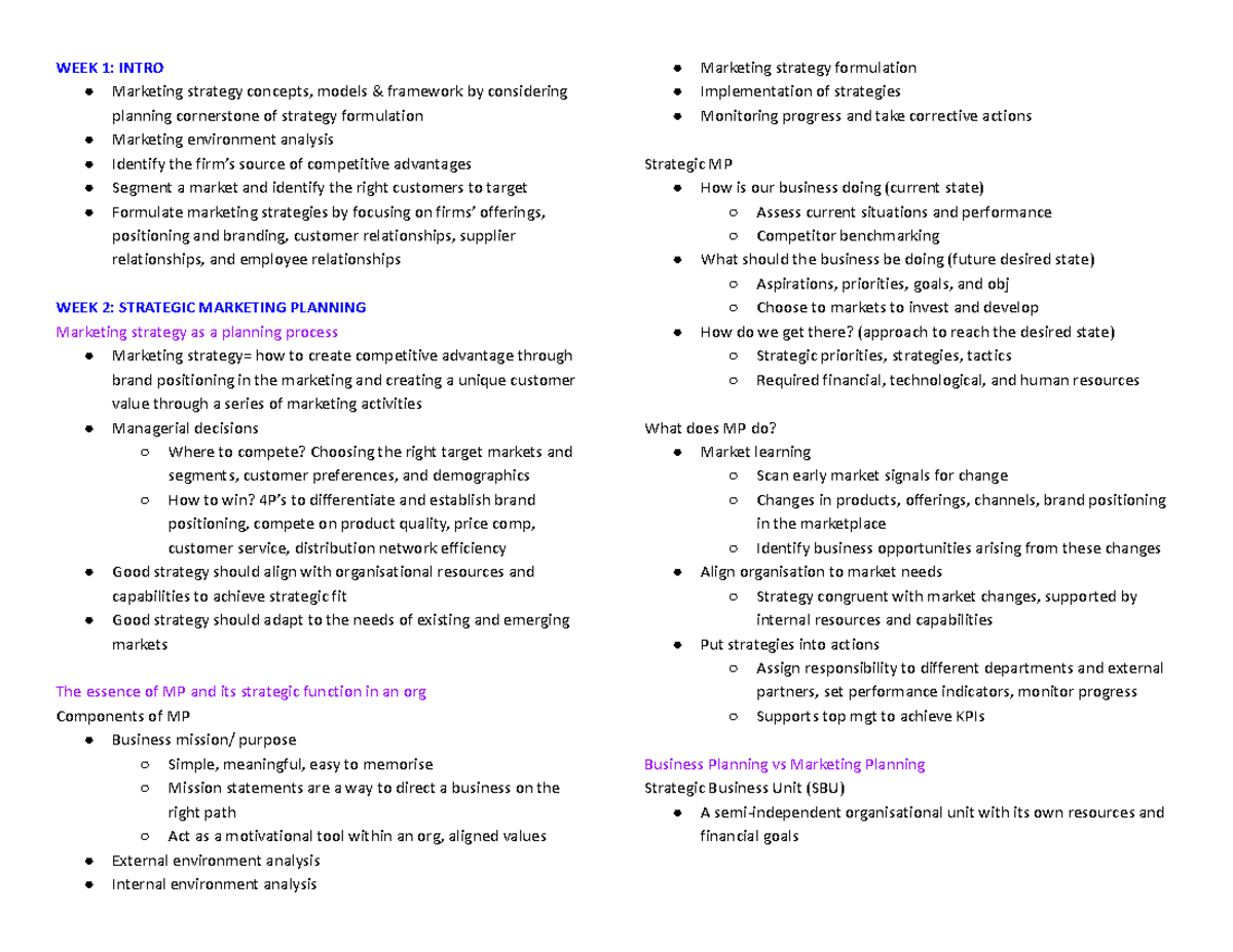 Marketing Planning and Strategy Lecture Notes - WEEK 1: INTRO Marketing ...
