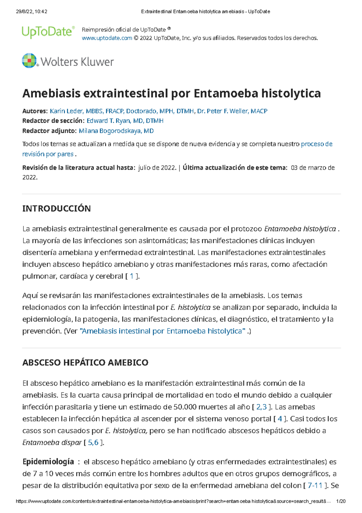 Extraintestinal Entamoeba histolytica amebiasis - Up To Date - - Studocu