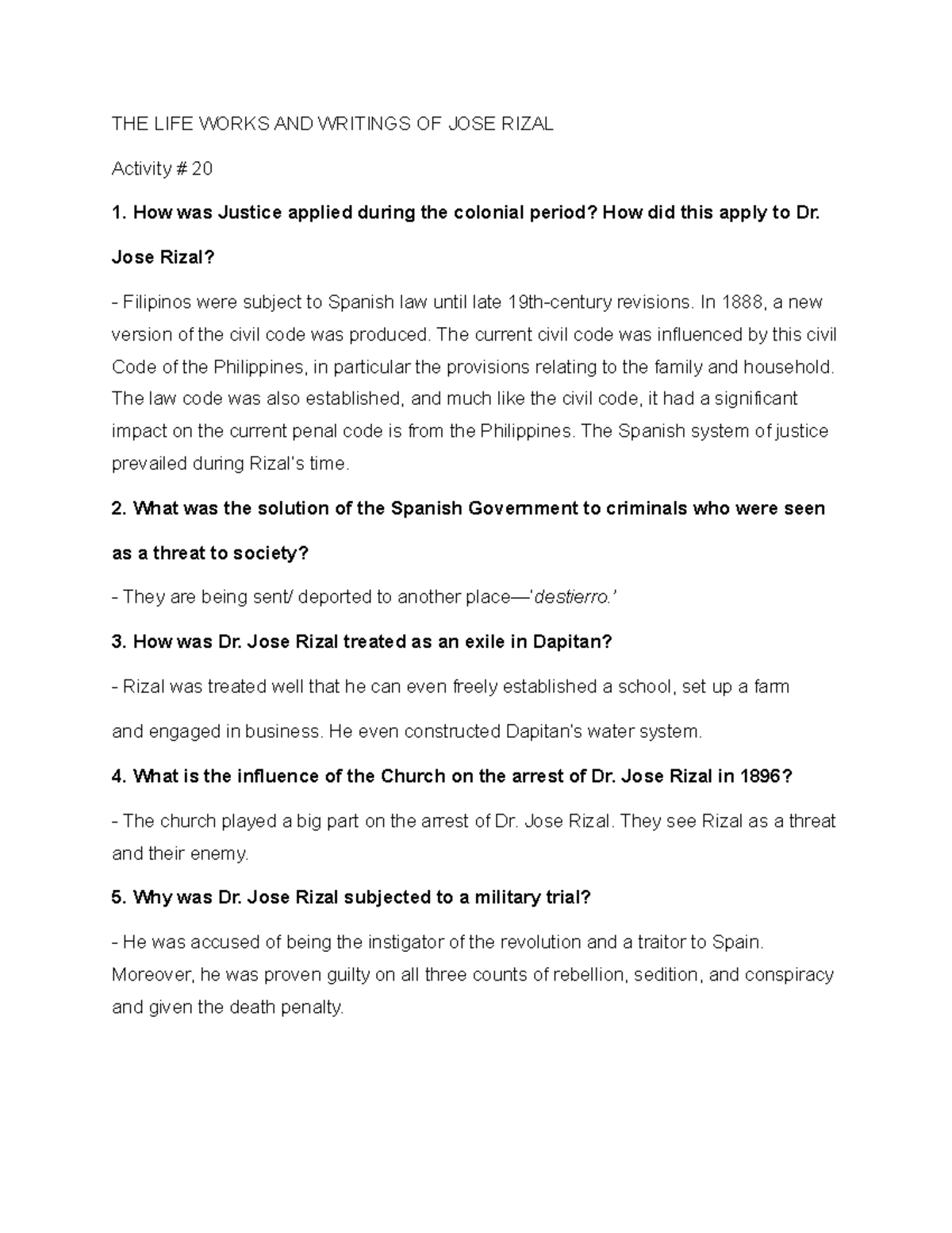 R20 - R20 RIZAL - THE LIFE WORKS AND WRITINGS OF JOSE RIZAL Activity ...