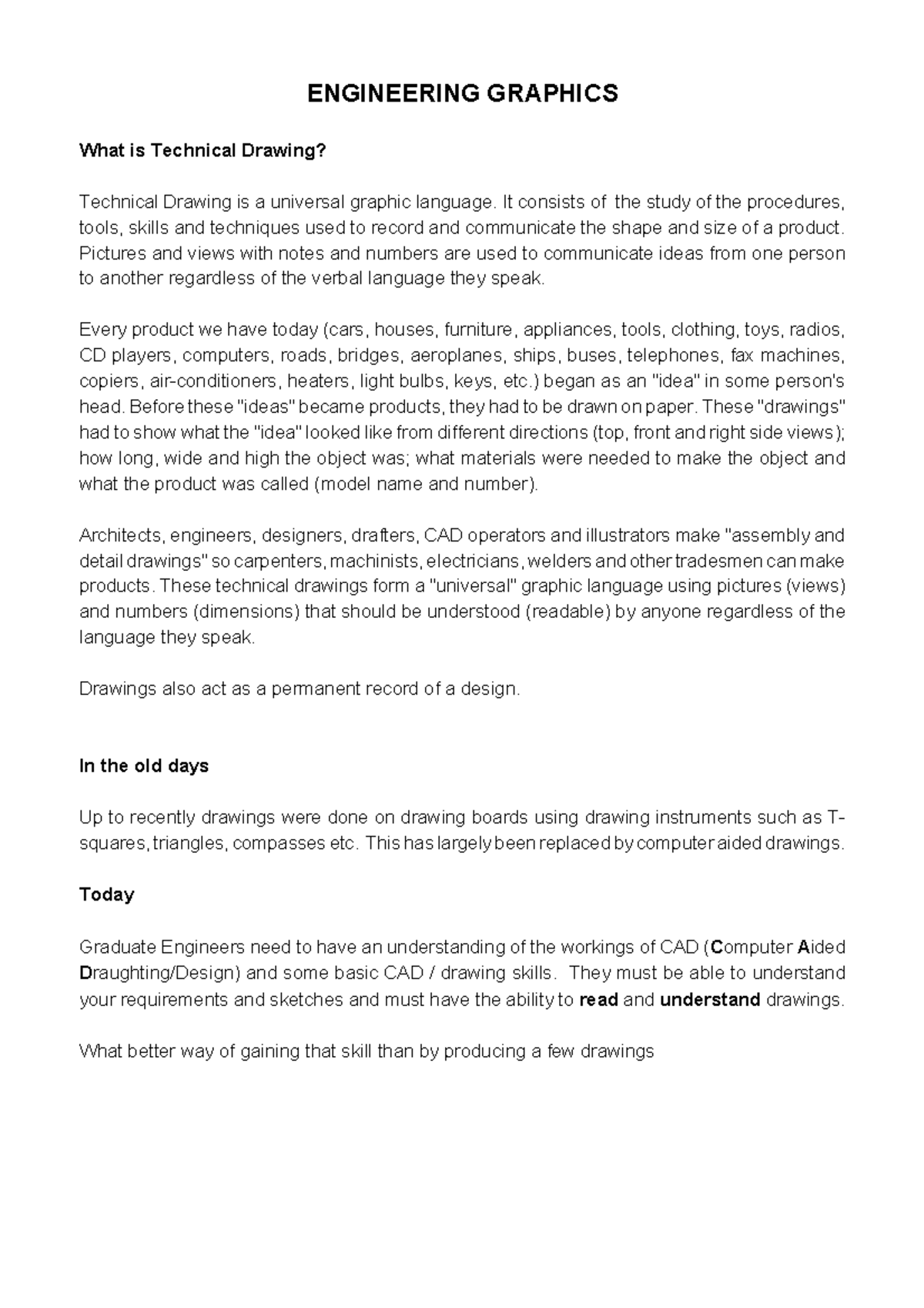 Introduction Lecture Notes - ENGINEERING GRAPHICS What is Technical ...