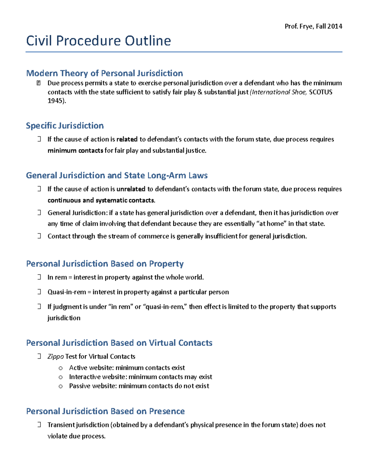 CIV PRO Outline - Brian Frye, Civil Procedure - Civil Procedure Outline ...