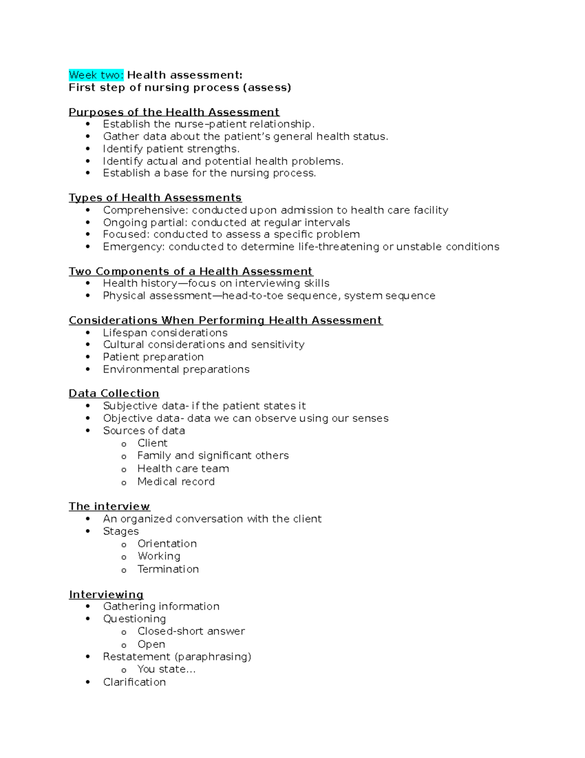Week two- health assessment - Week two: Health assessment: First step ...