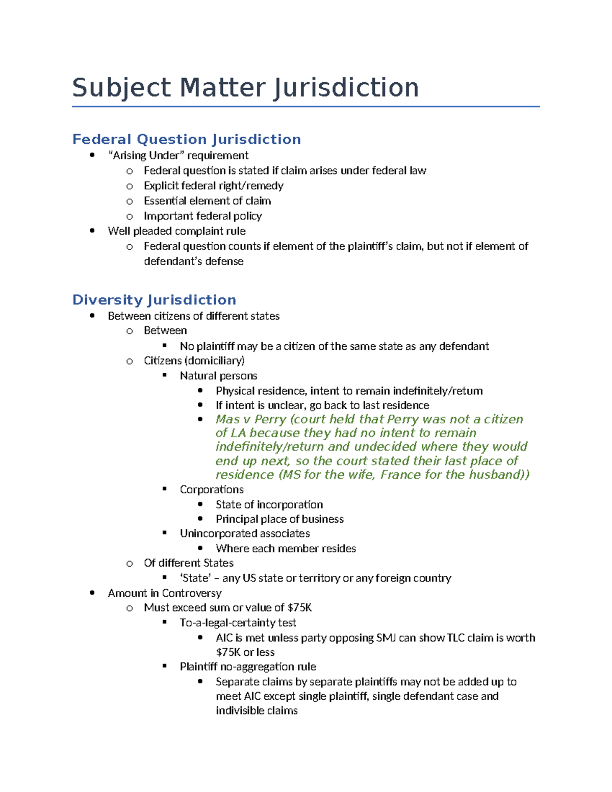 Civil Procedure II Outline - Subject Matter Jurisdiction Federal ...
