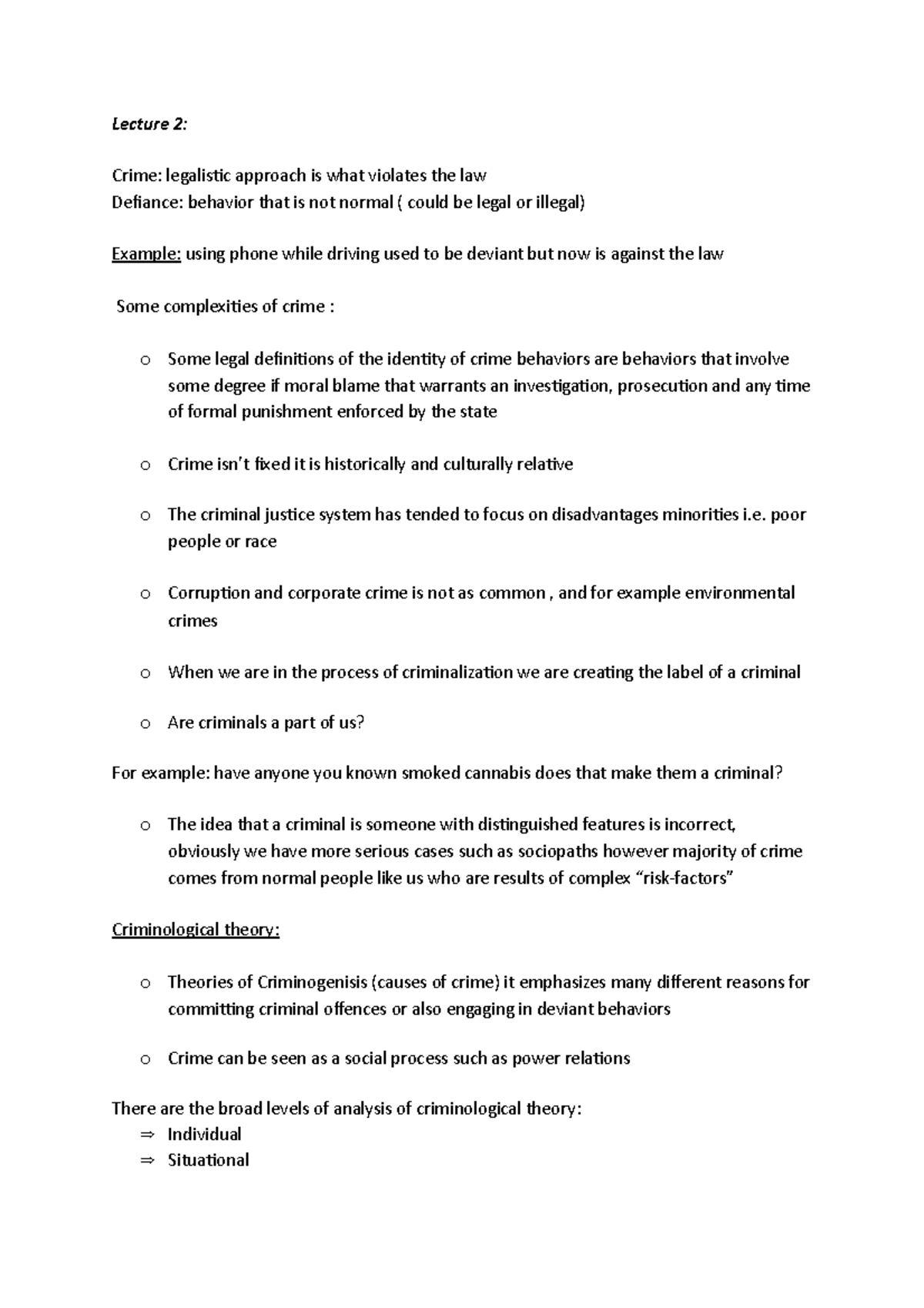 Lecture 2 notes psychology - Lecture 2: Crime: legalistic approach is ...