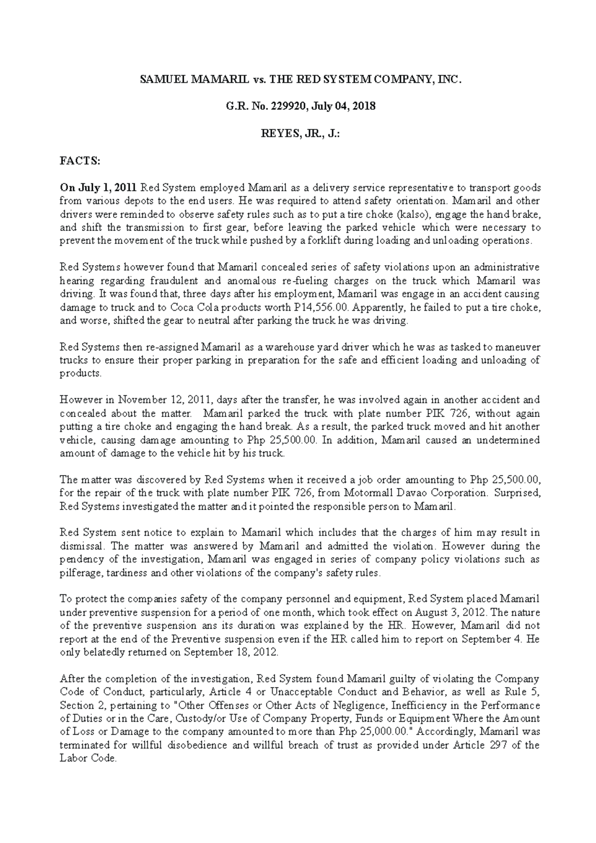 Mamaril vs. Red Systems Inc - SAMUEL MAMARIL vs. THE RED SYSTEM COMPANY ...