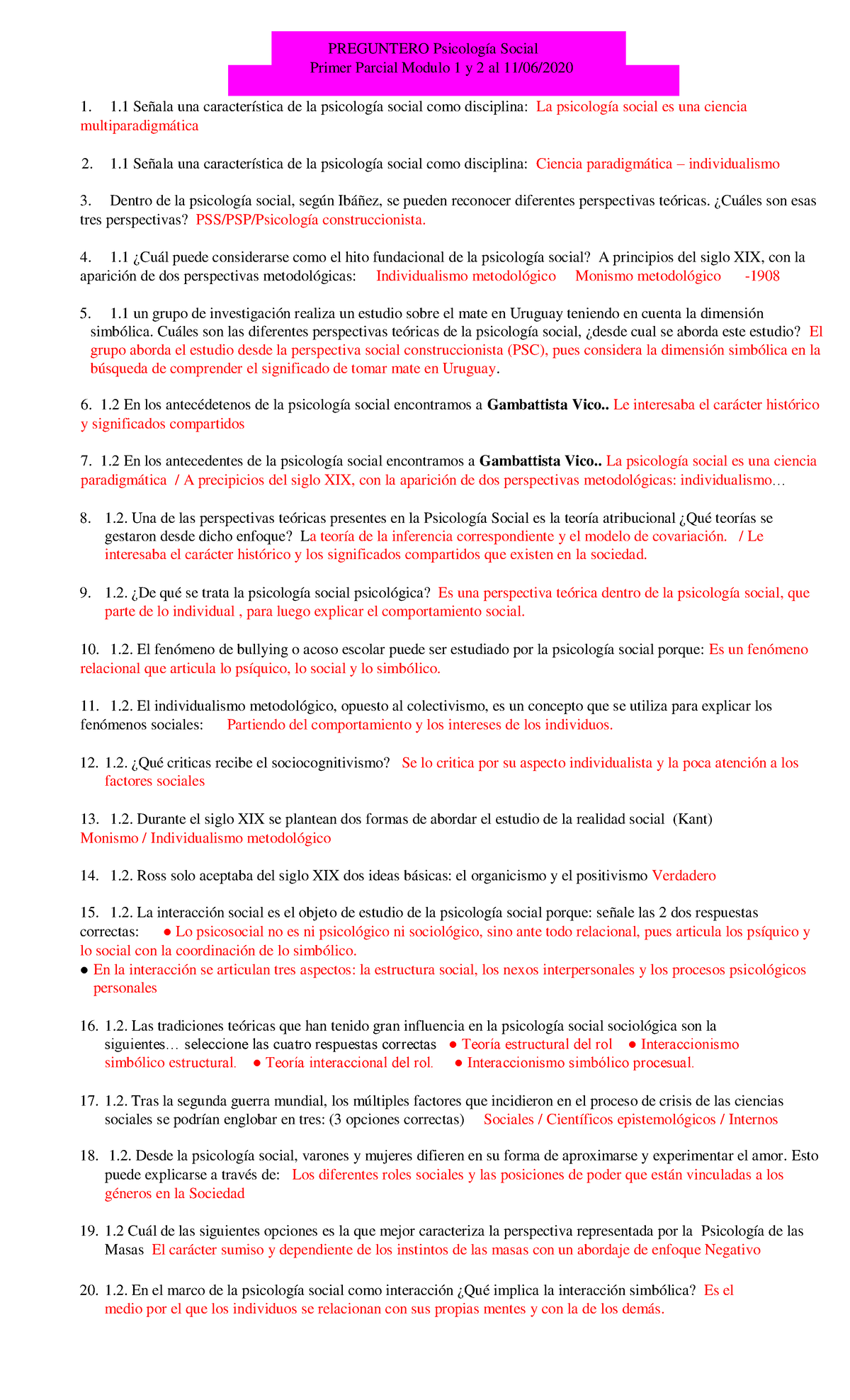 pregunteo psicosocial junio 2020 - PREGUNTERO Psicología Social Primer Parcial Modulo 1 y 2 al ...