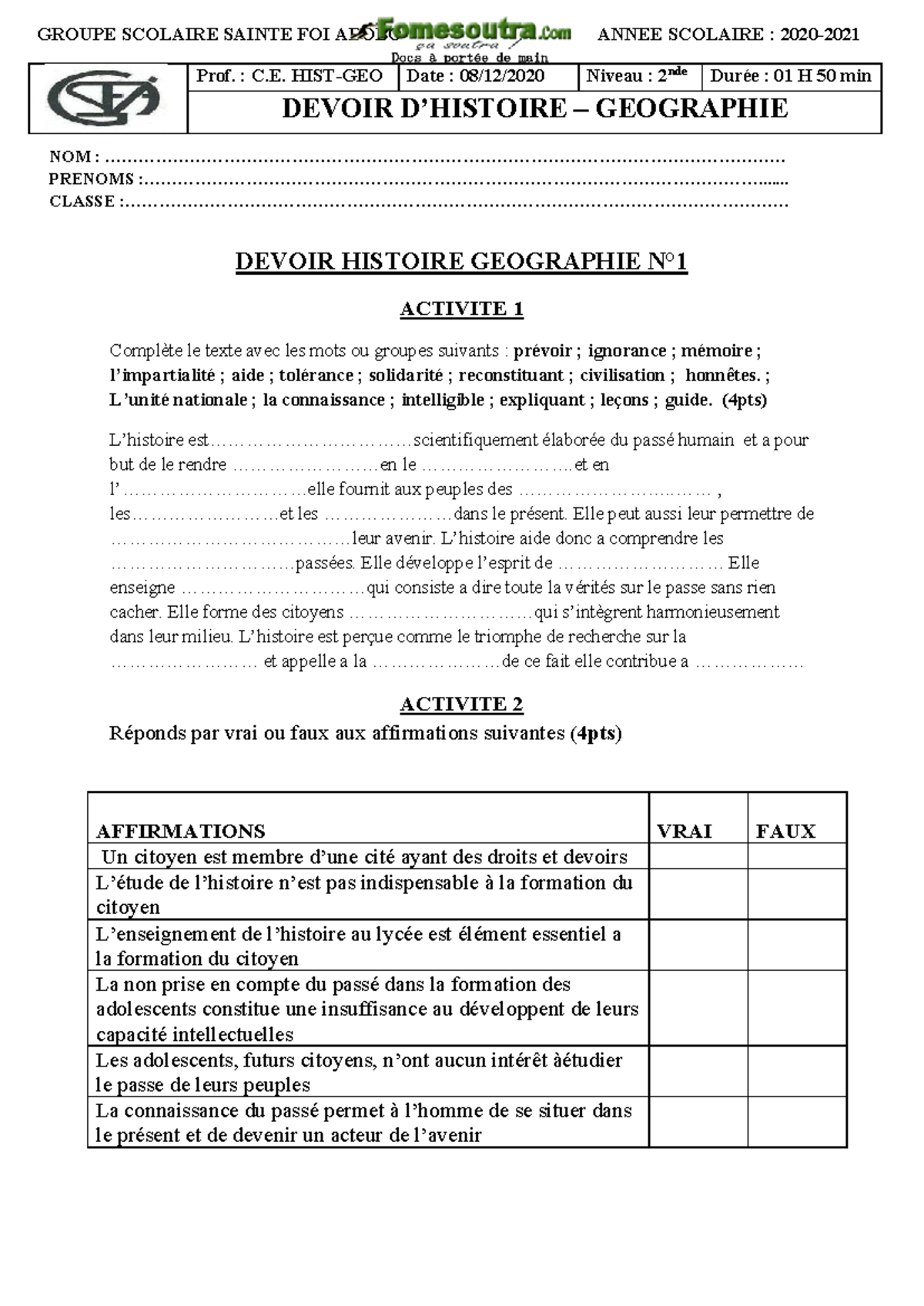 612bcafc 240fcsujets histoire et geographie niveau 2nde groupe s - DEVOIR HISTOIRE GEOGRAPHIE N ...