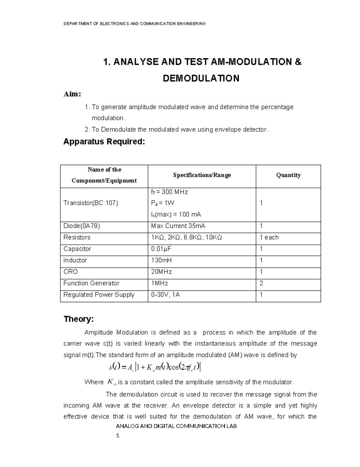 SPC LAB(R23) - Yesh4irgddhjr - 1. ANALYSE AND TEST AM-MODULATION ...