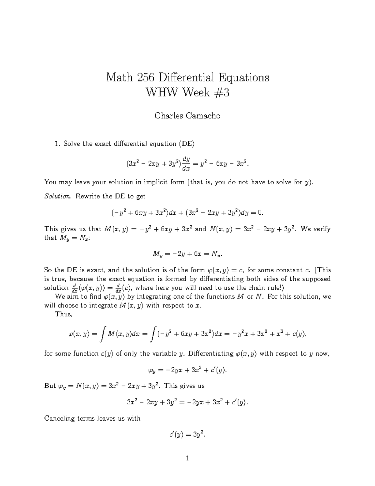 MTH256 ecampus WHW3 - Solution of HW3 - Math 256 Differential Equations WHW Week Charles Camacho ...