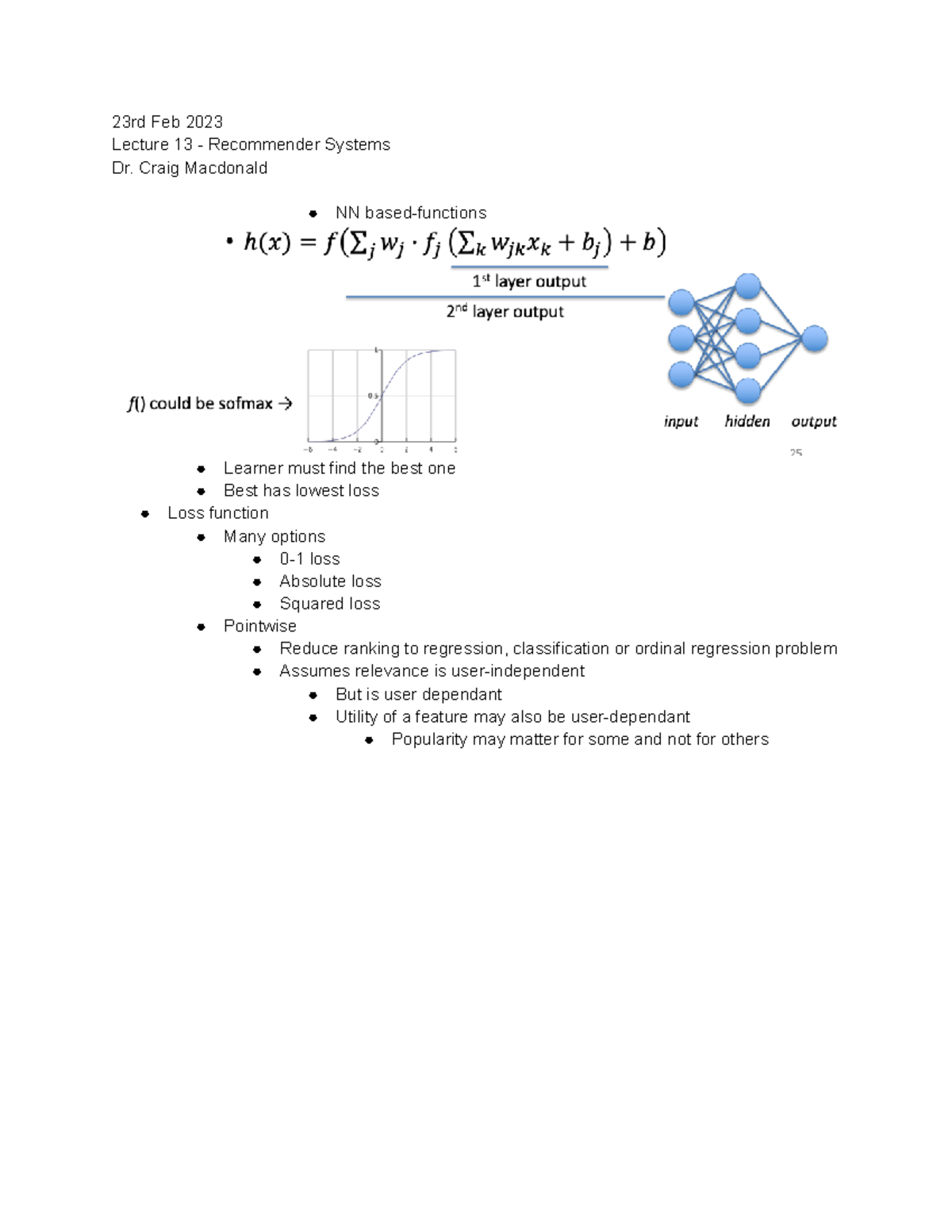 Recommender Systems Lecture 13 - 23rd Feb 2023 - COMPSCI4075 - Studocu