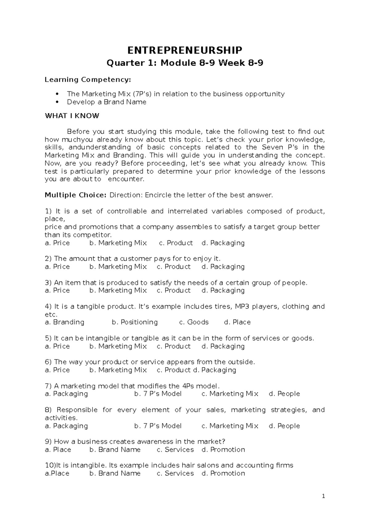 Entrep Module Q1 W8 9 - ENTREPRENEURSHIP Quarter 1: Module 8-9 Week 8 ...