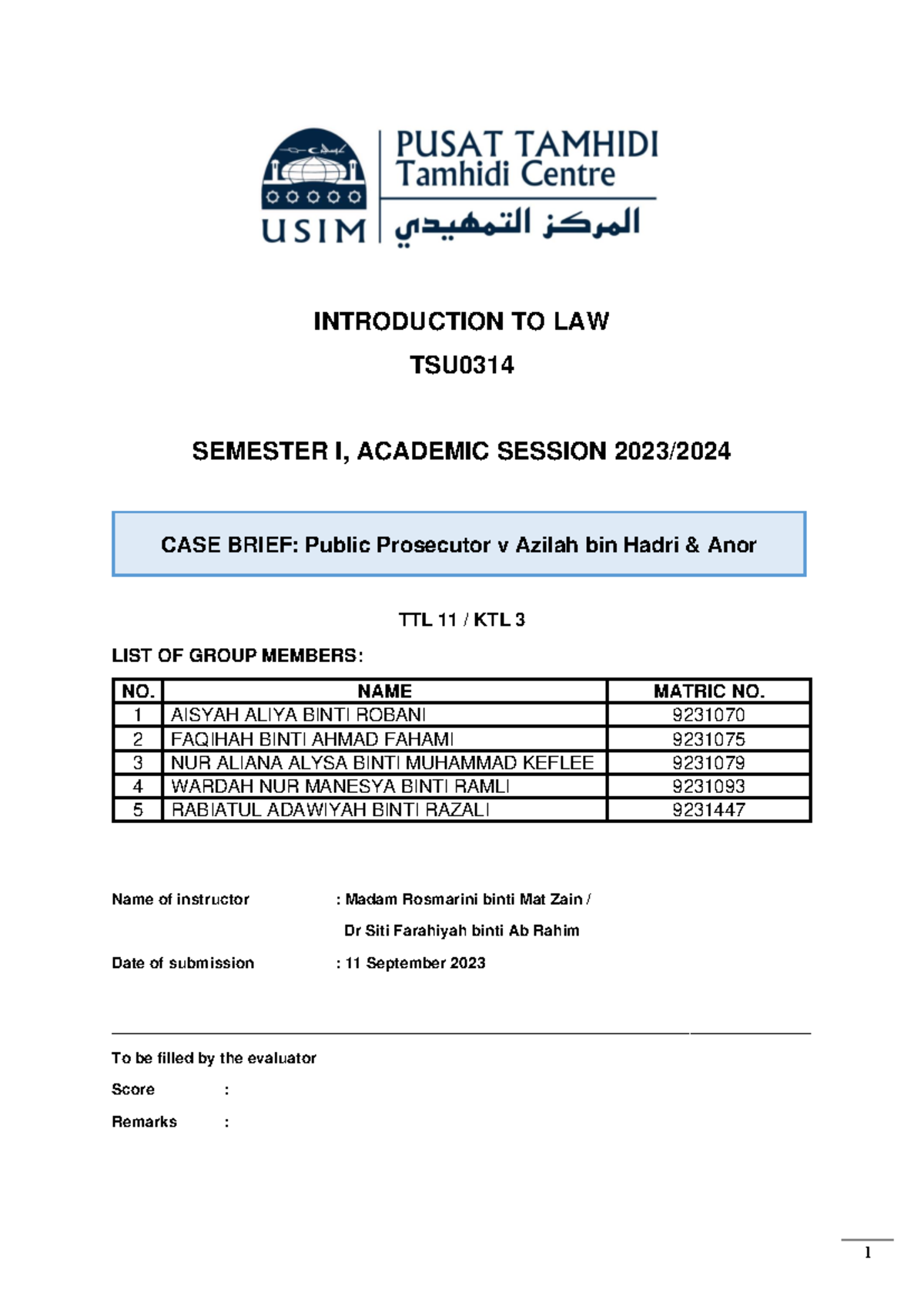CASE Brief - INTRODUCTION TO LAW TSU0 314 SEMESTER I, ACADEMIC SESSION ...