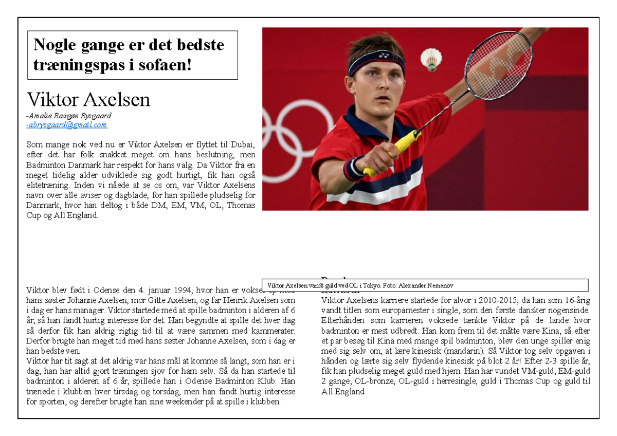 Viktor Axelsen portrætartikkel - Viktor Axelsen -Amalie Baagøe Rysgaard ...