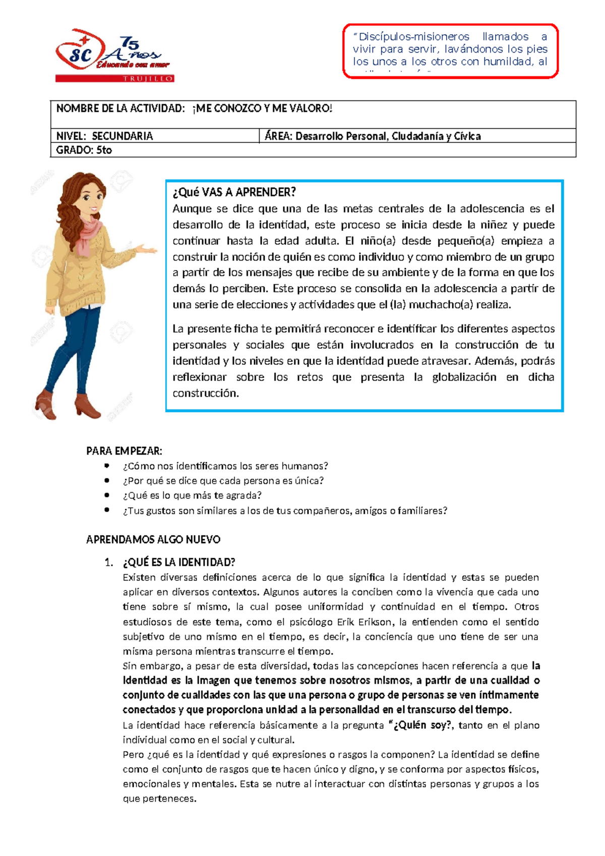 Mi Identidad 5to - NOMBRE DE LA ACTIVIDAD: ¡ME CONOZCO Y ME VALORO ...