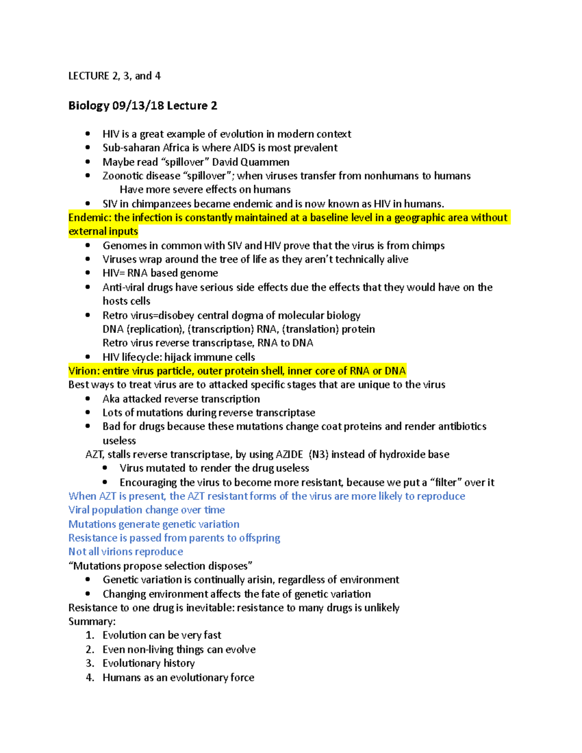 Lecture 2,3, and 4 - LECTURE 2, 3, and 4 Biology 09/13/18 Lecture 2 HIV ...