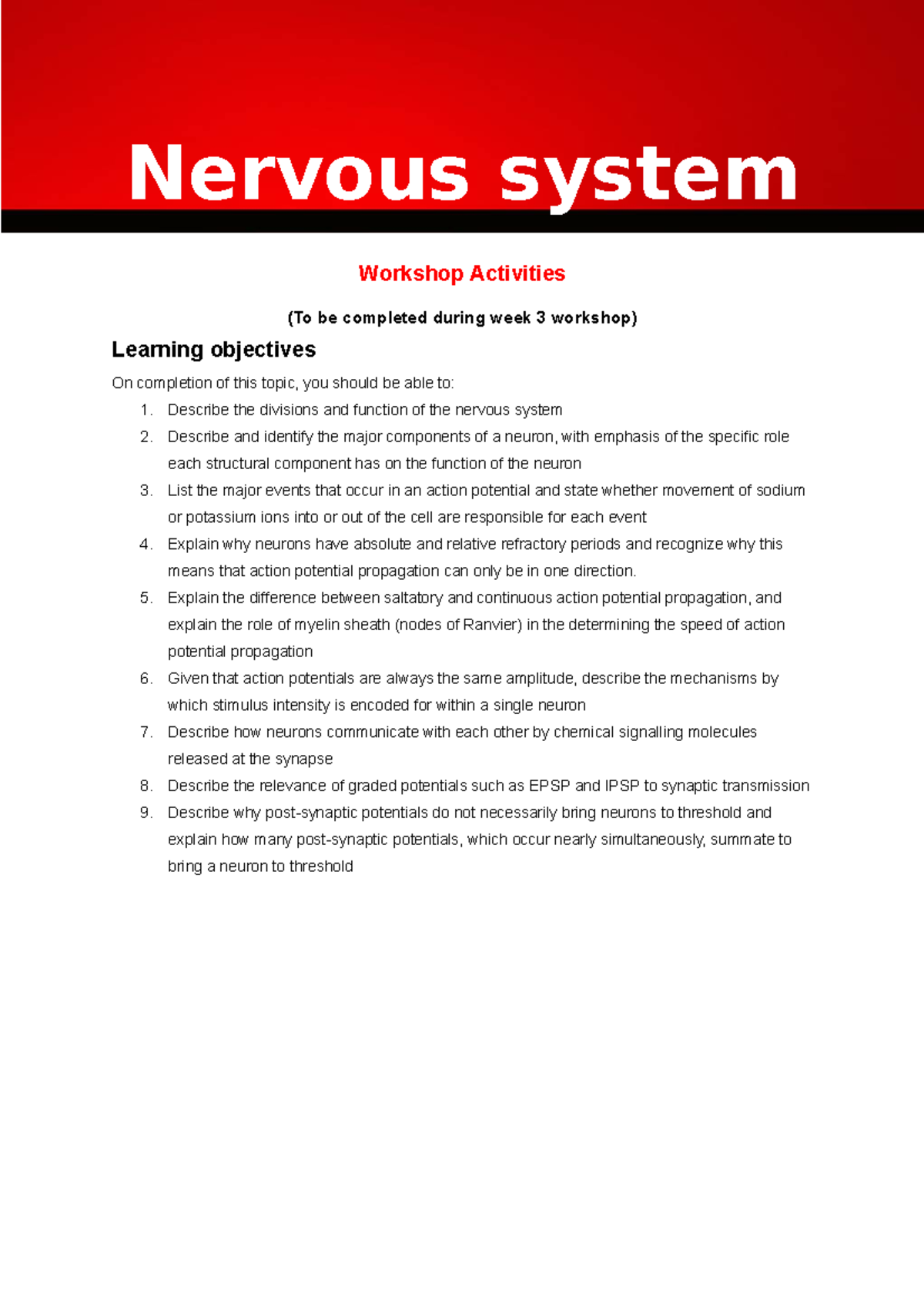 Workshop 3 Nervous system - Nervous system Workshop Activities (To be ...