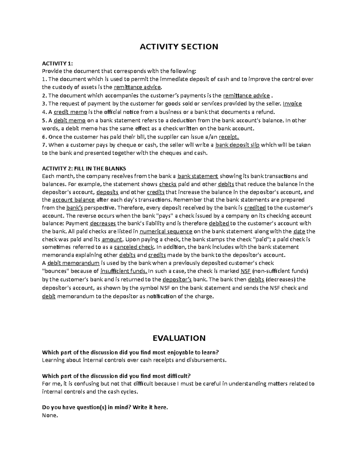 Activity 2 - ACTIVITY SECTION ACTIVITY 1: Provide the document that ...