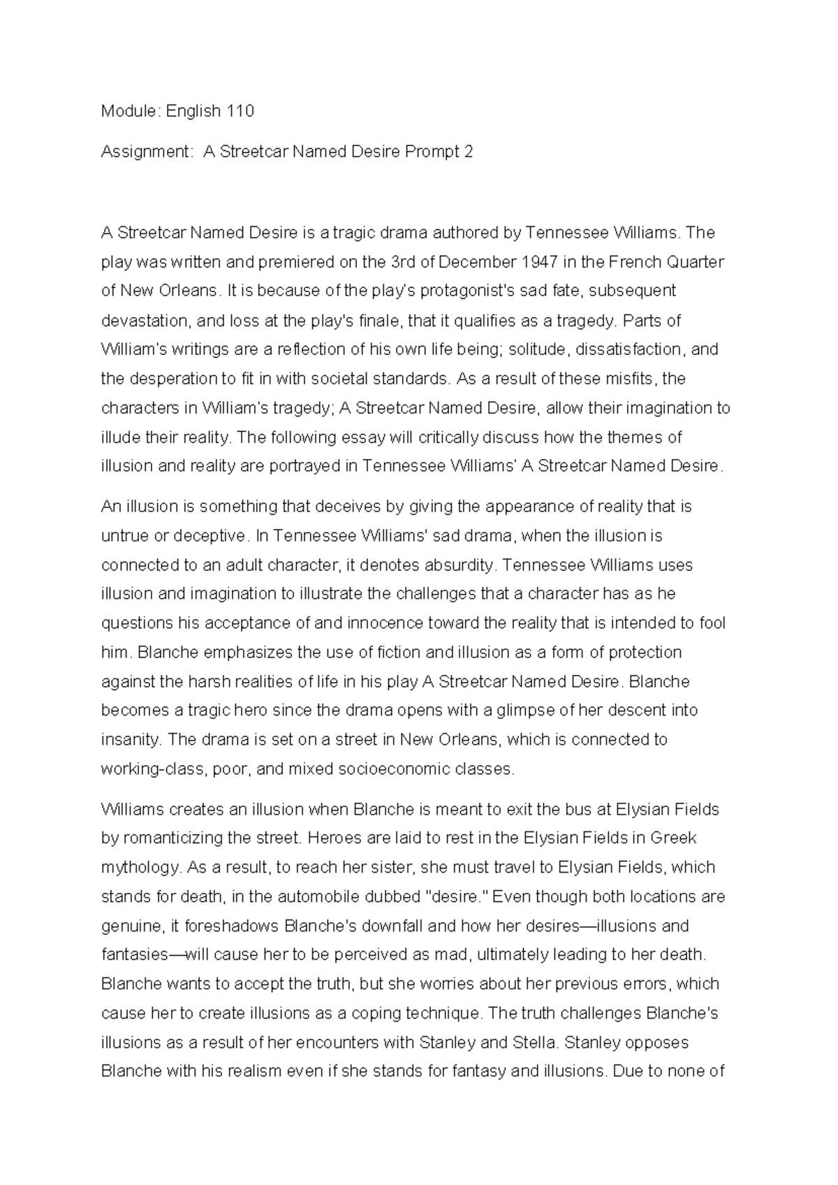 A streetcar named desire - Module: English 110 Assignment: A Streetcar ...