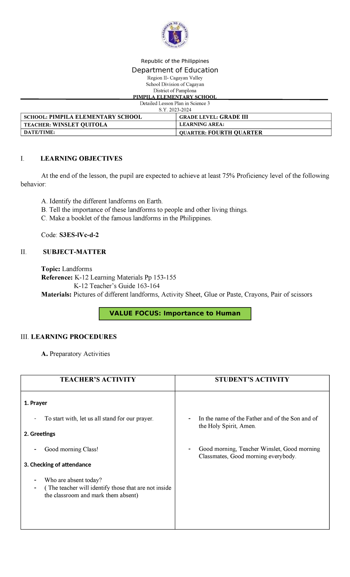 DEMO Lesson PLAN IN Science 3 - Republic of the Philippines Department ...