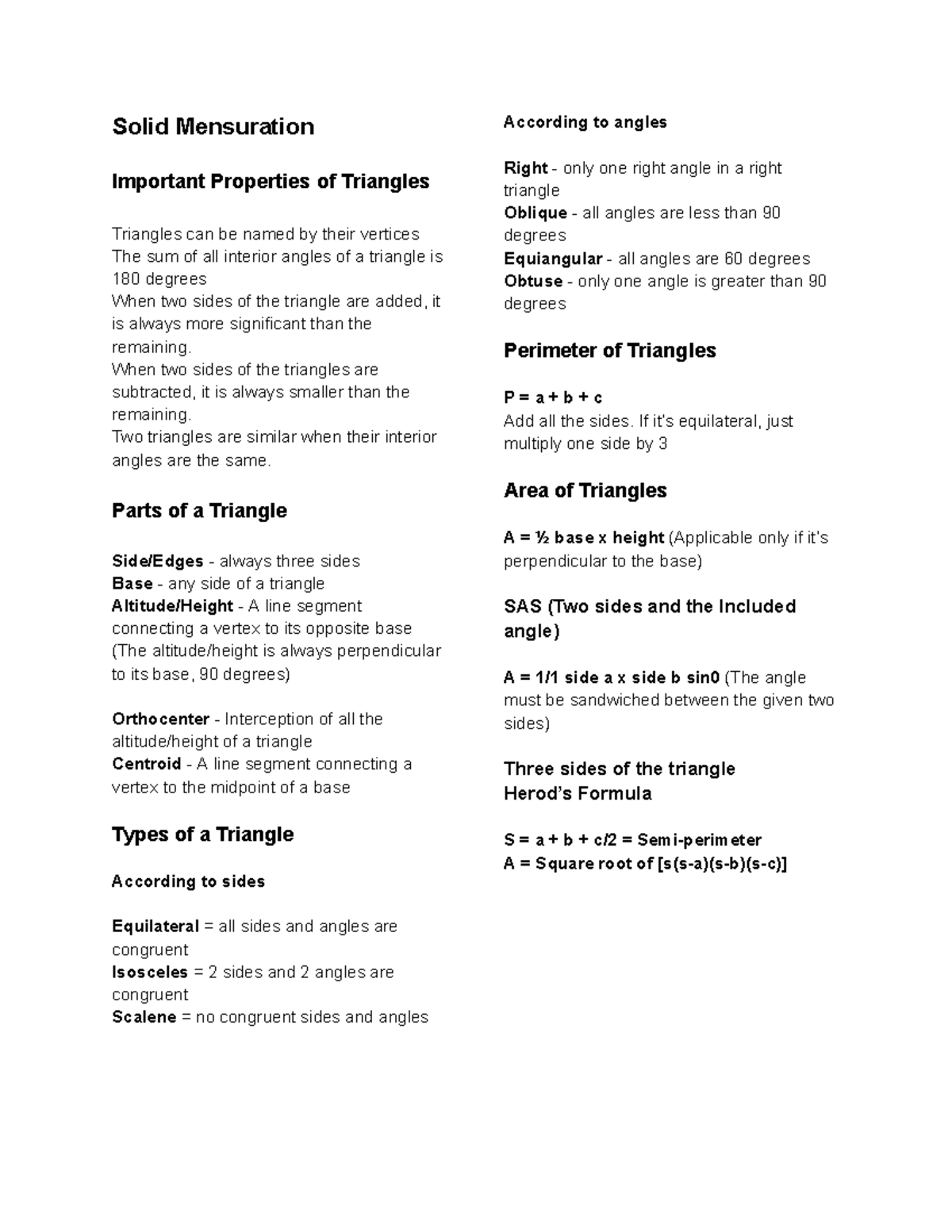 Solid Mensuration Concepts and Formula About Triangles - Solid ...