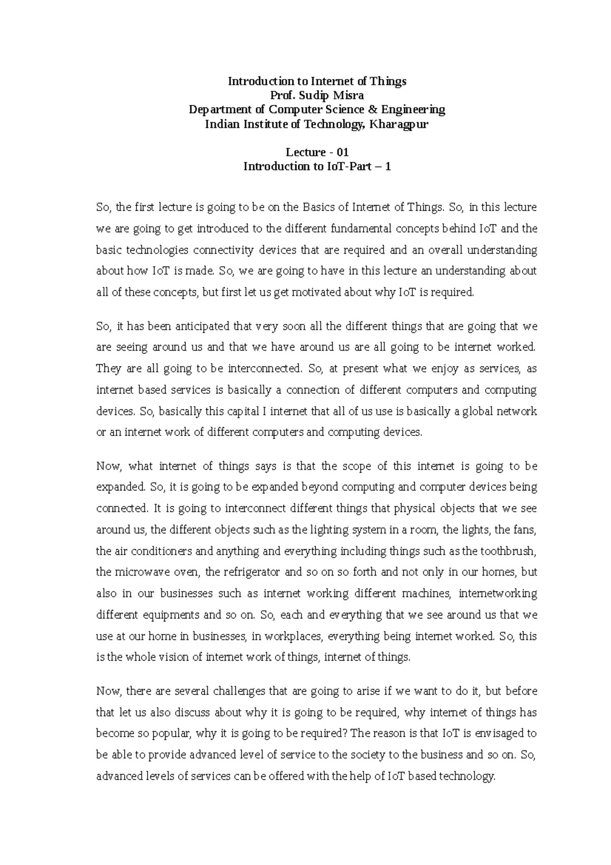 Lec1 iot - Introduction to Internet of Things Prof. Sudip Misra Department of Computer Science ...