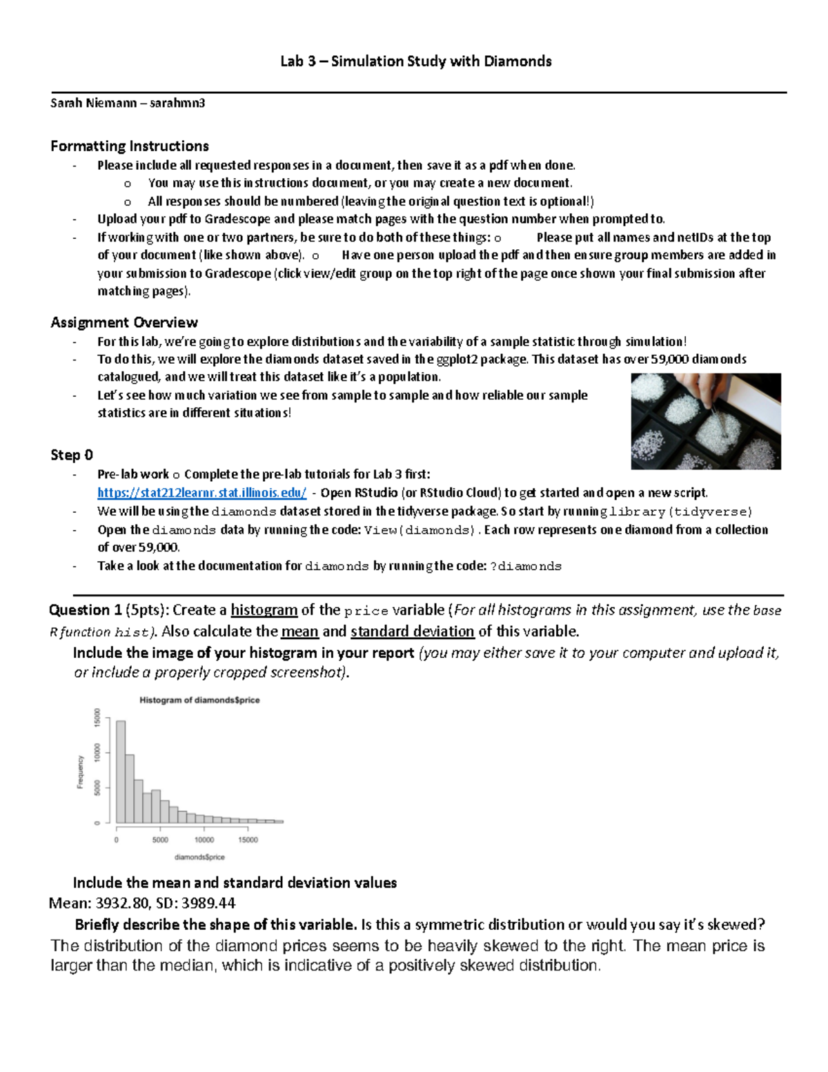 Lab 3 - Simulation Study - Lab 3 – Simulation Study with Diamonds Sarah ...