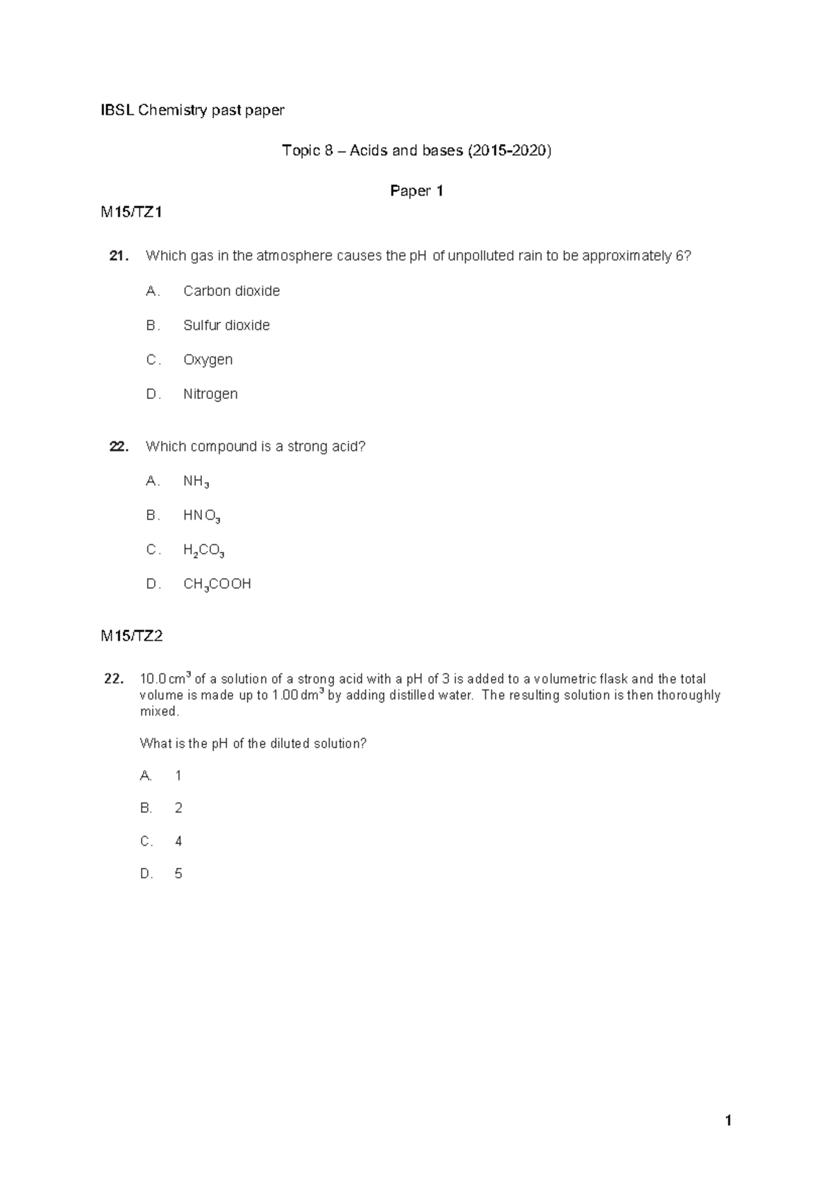 Topic 8 Acids and bases (2015-2020) - 1 IBSL Chemistry past paper Topic ...