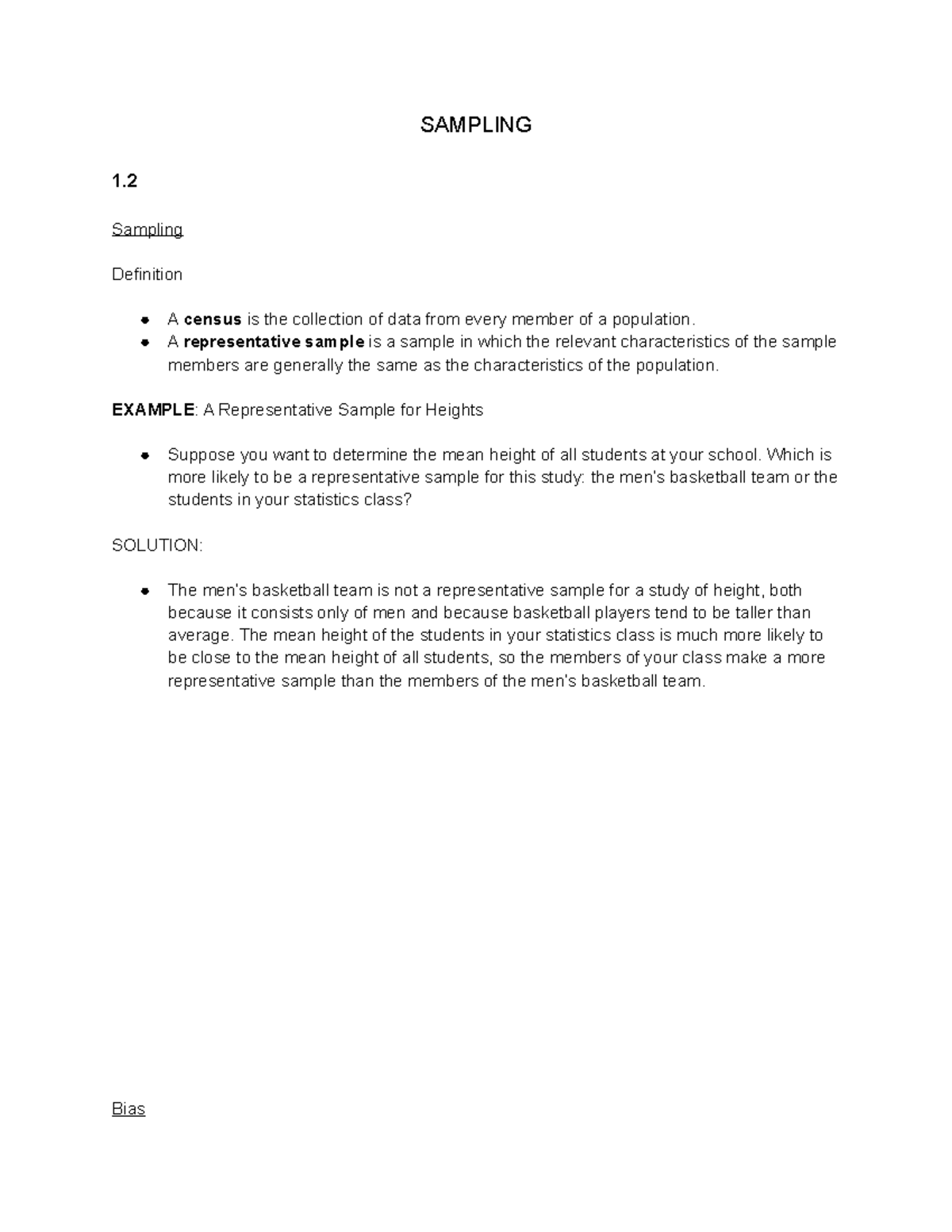 MTH 155 Chapter 1.2 Notes Sampling - SAMPLING 1. Sampling Definition A ...
