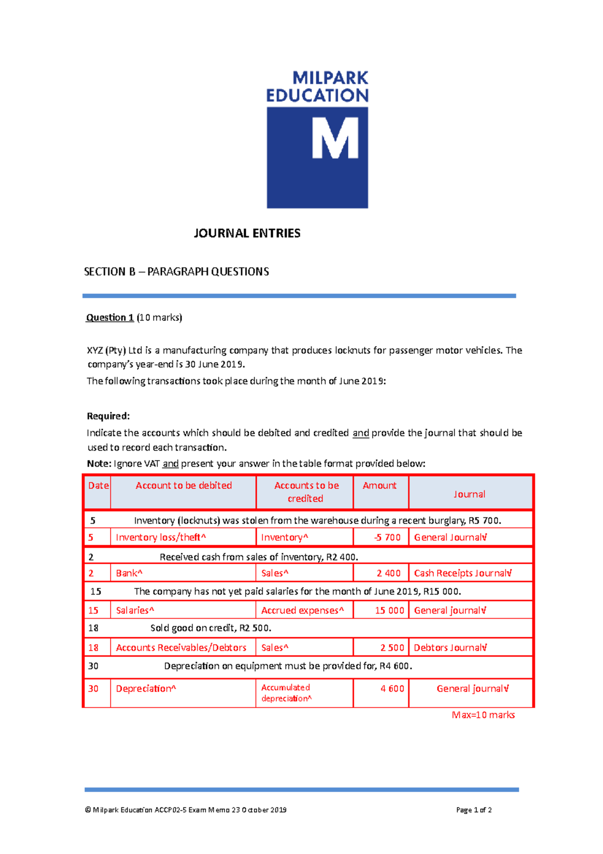 ACCP Journals receipts Exams - JOURNAL ENTRIES SECTION B – PARAGRAPH ...