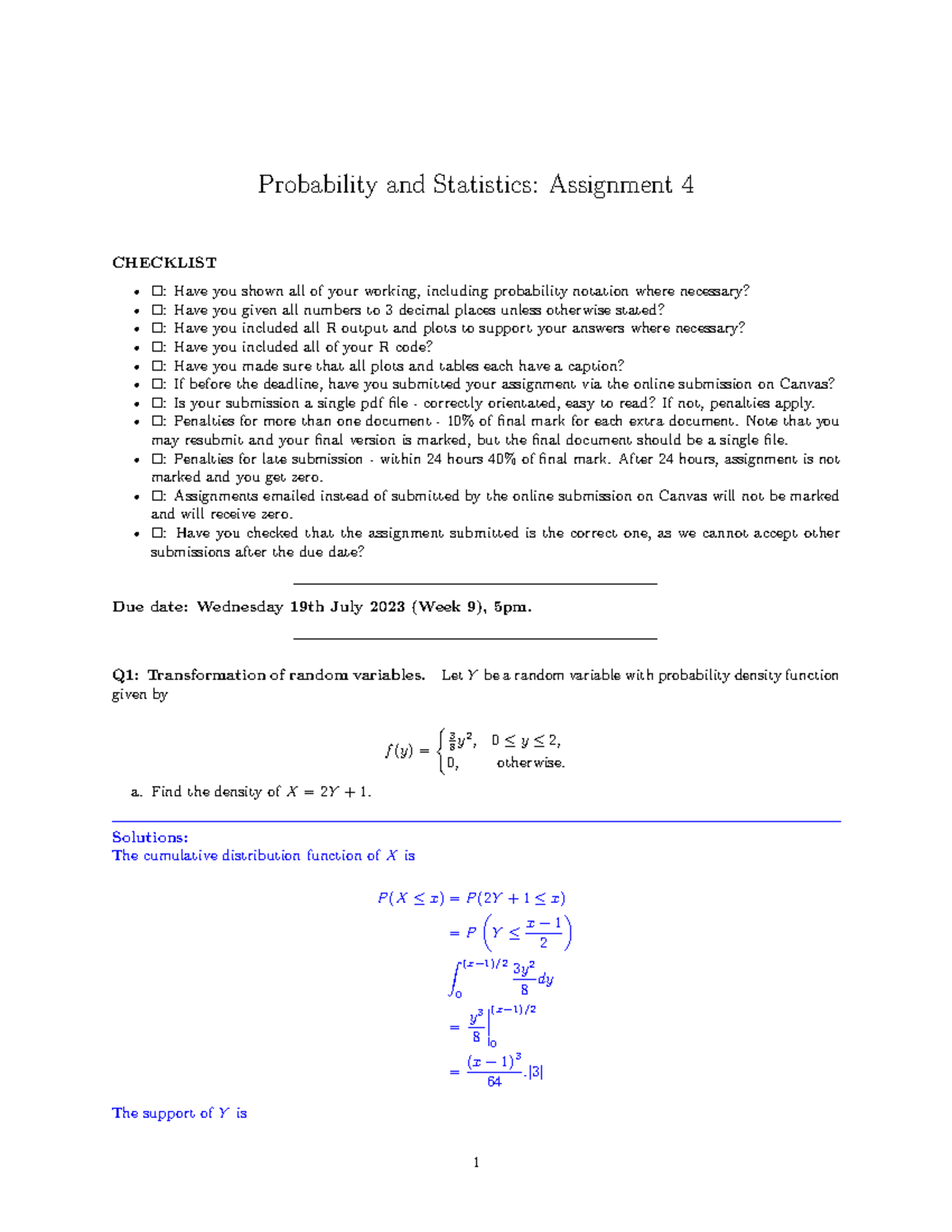 PSA4S - solution - Probability and Statistics: Assignment 4 CHECKLIST : Have you shown all of ...
