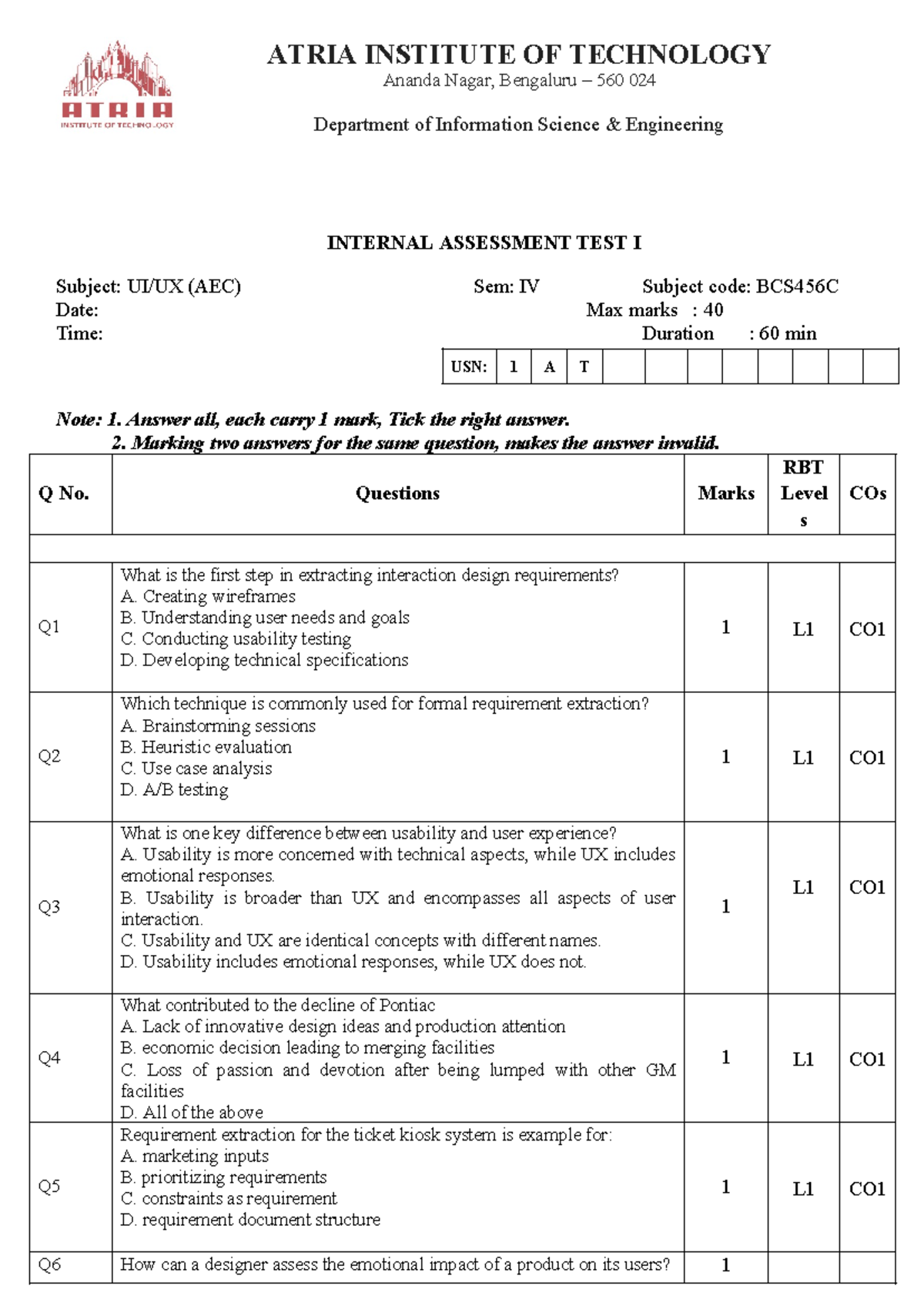 UIUX- SET 1 - 40-mcq question - INTERNAL ASSESSMENT TEST I Subject: UI ...