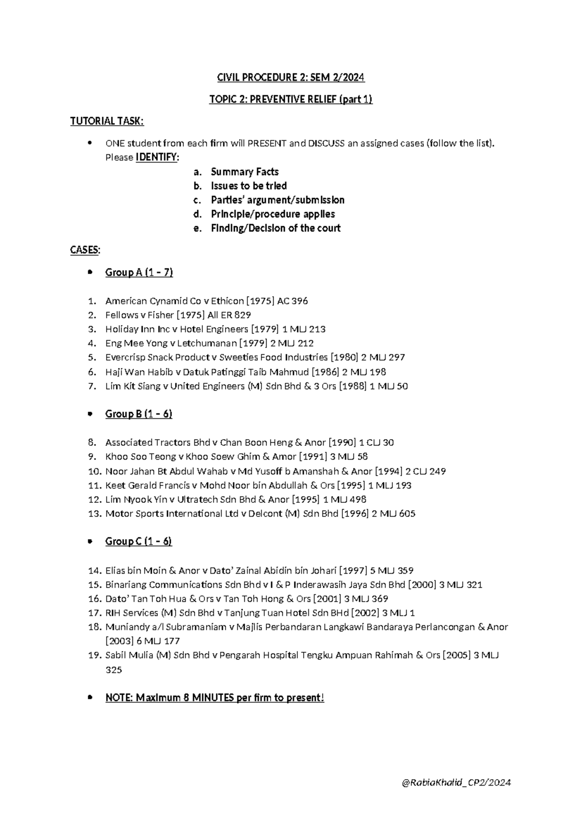 CP2 2024 TUTO Chapter 2 Preventive Relief (p1) - CIVIL PROCEDURE 2: SEM ...