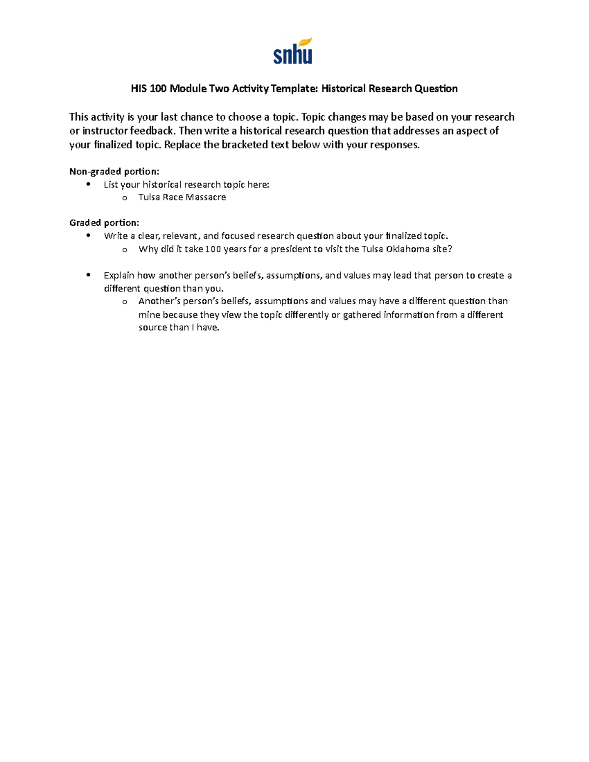 HIS 100 Module Two Activity Research Question Template - HIS 100 Module Two Activity Template ...