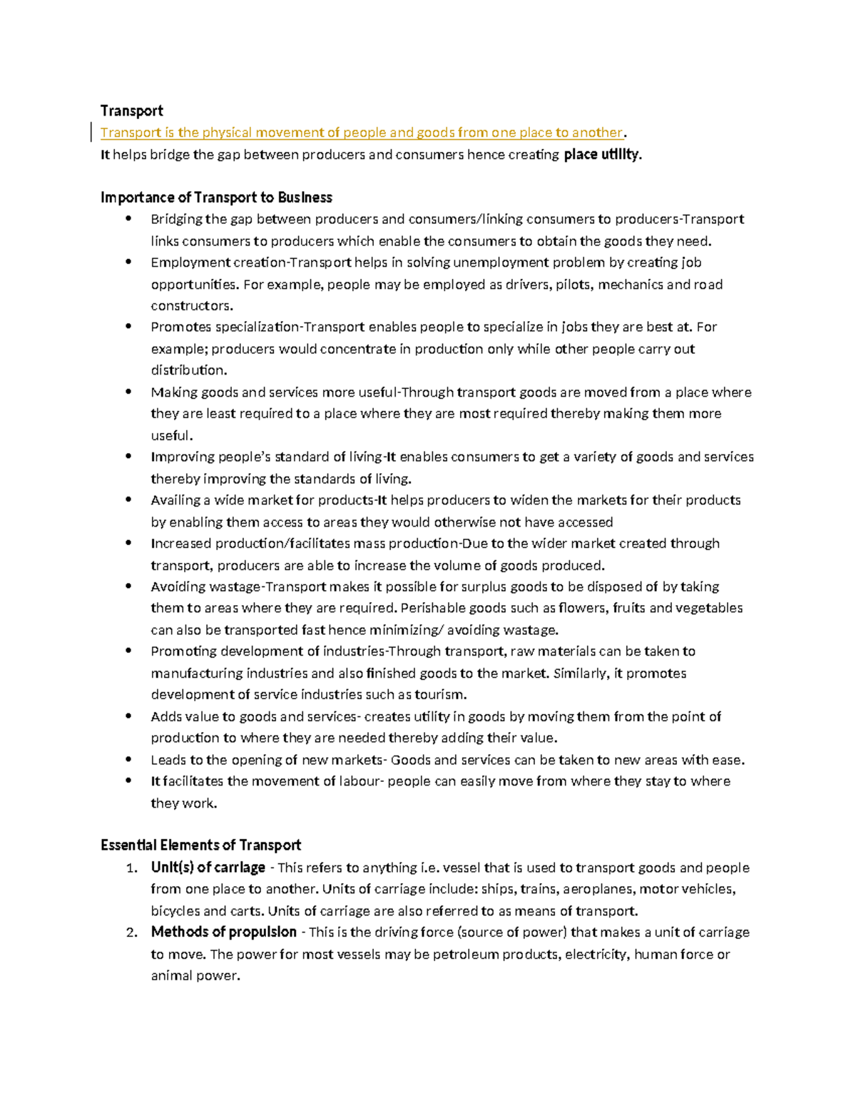 Transport - notes - Transport Transport is the physical movement of ...
