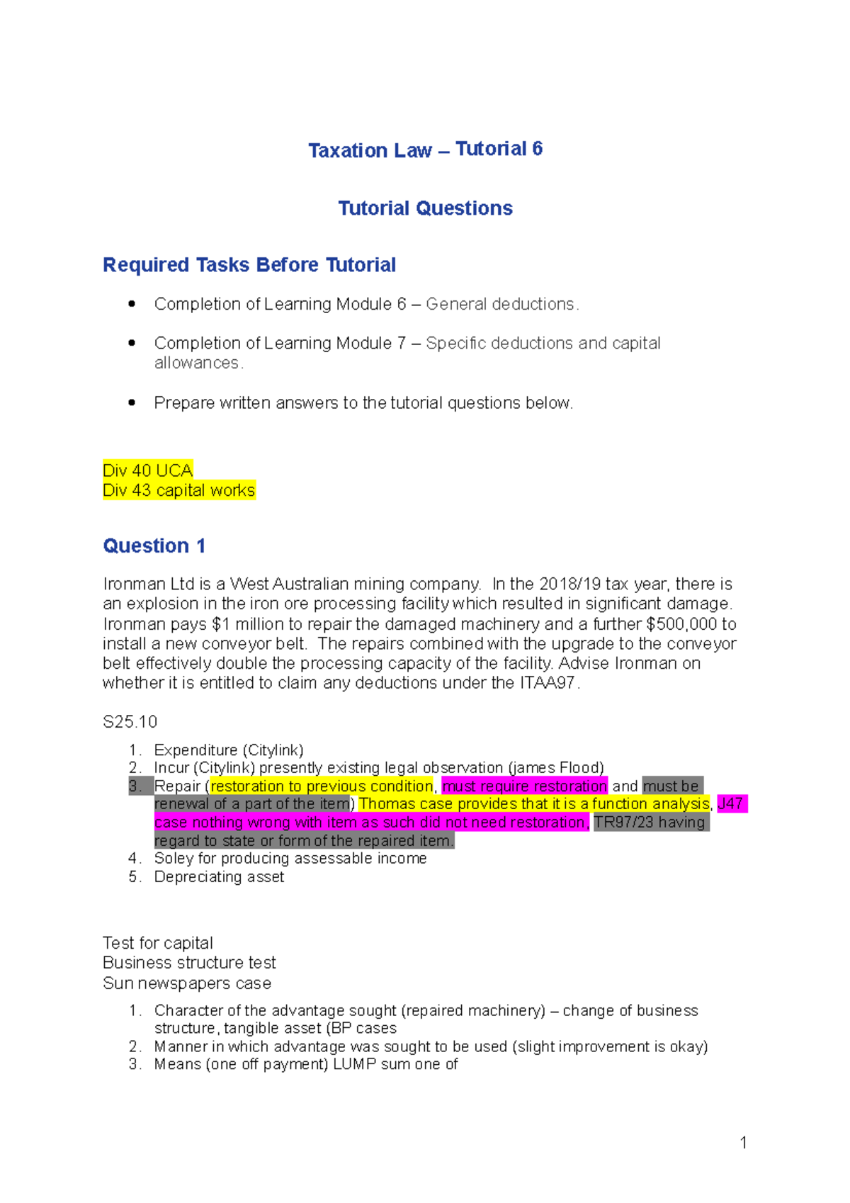 Tutorial 6 Tutorial Questions Taxation Law Tutorial 6 Tutorial Questions Required Tasks