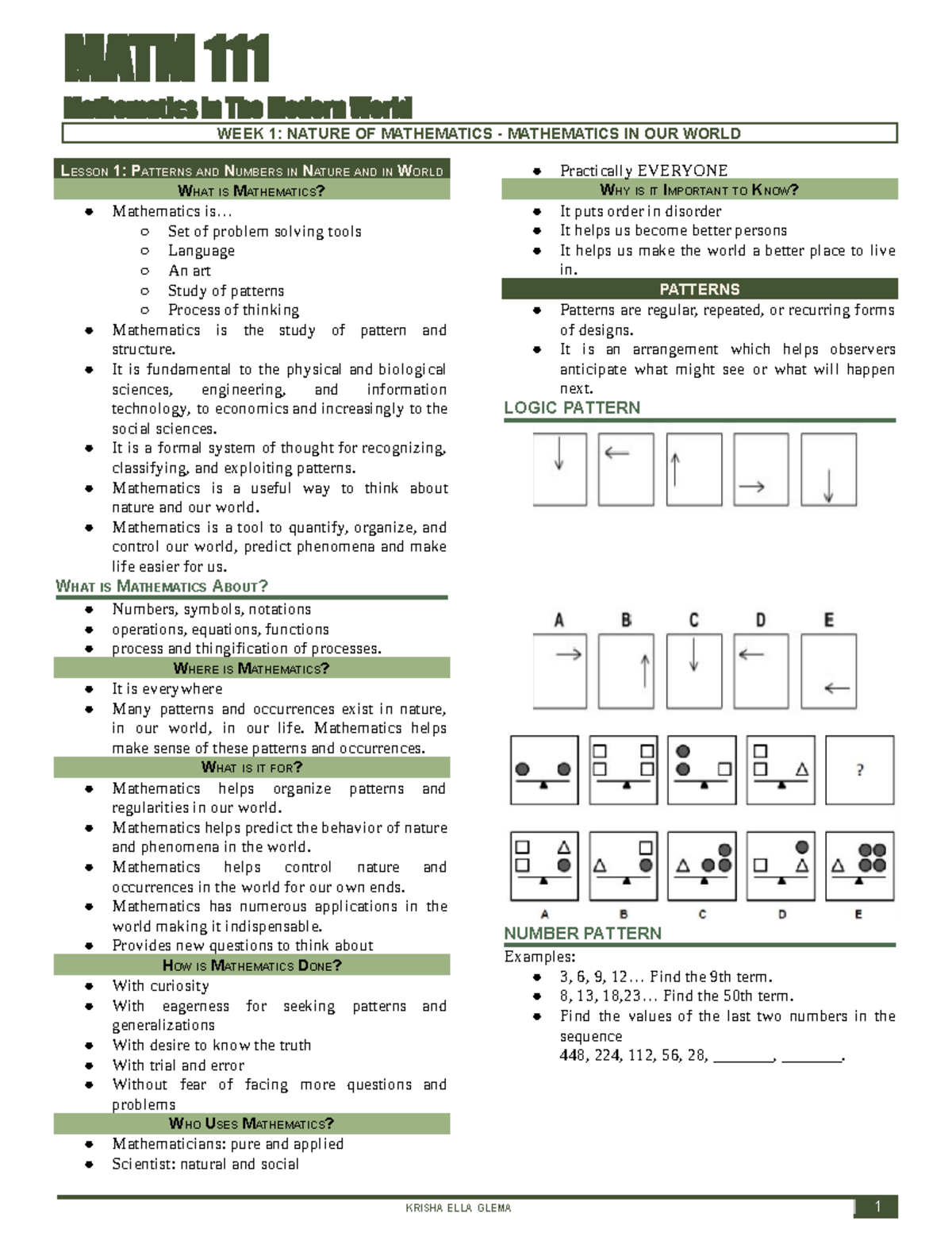 MATM - P WEEK 1 - MATM 111 Mathematics in The Modern World WEEK 1 ...
