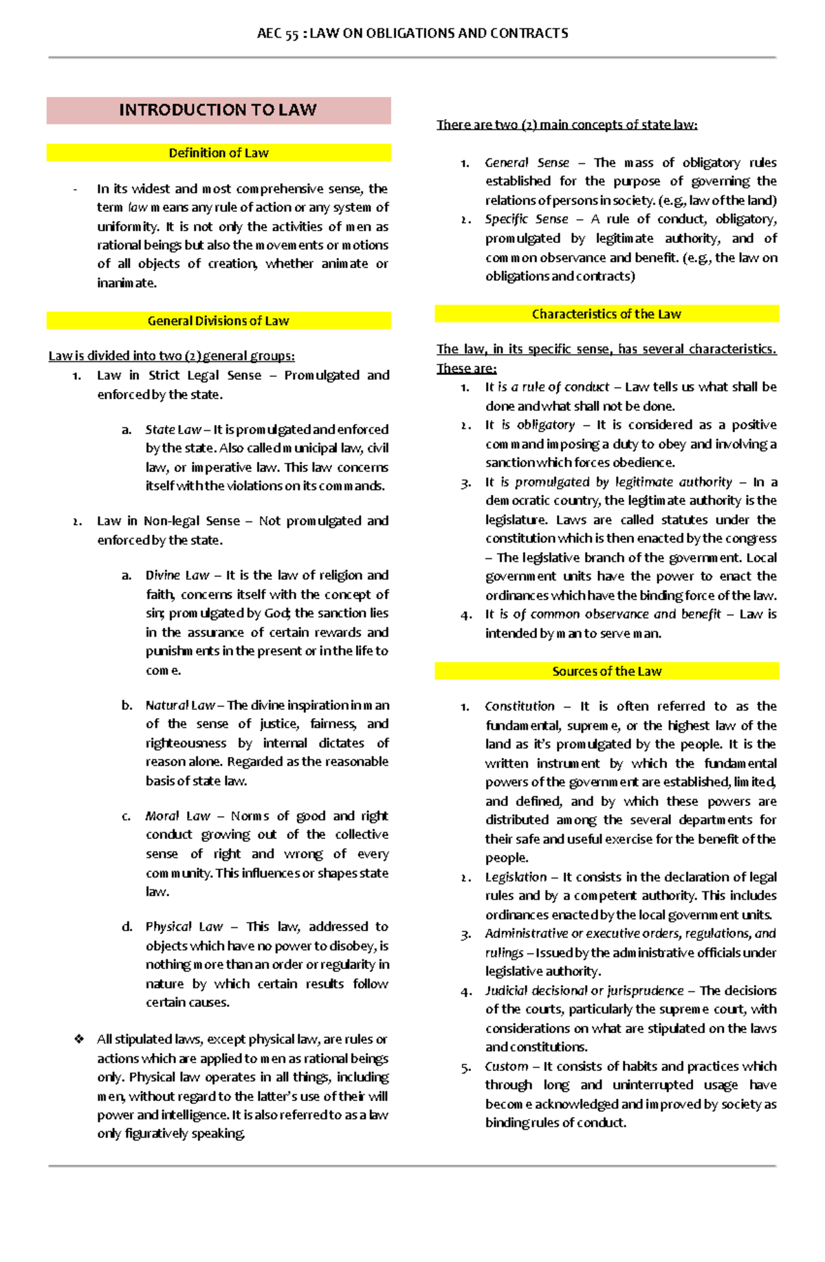 Law on Obligation and Contracts Outline-1-9 - INTRODUCTION TO LAW ...